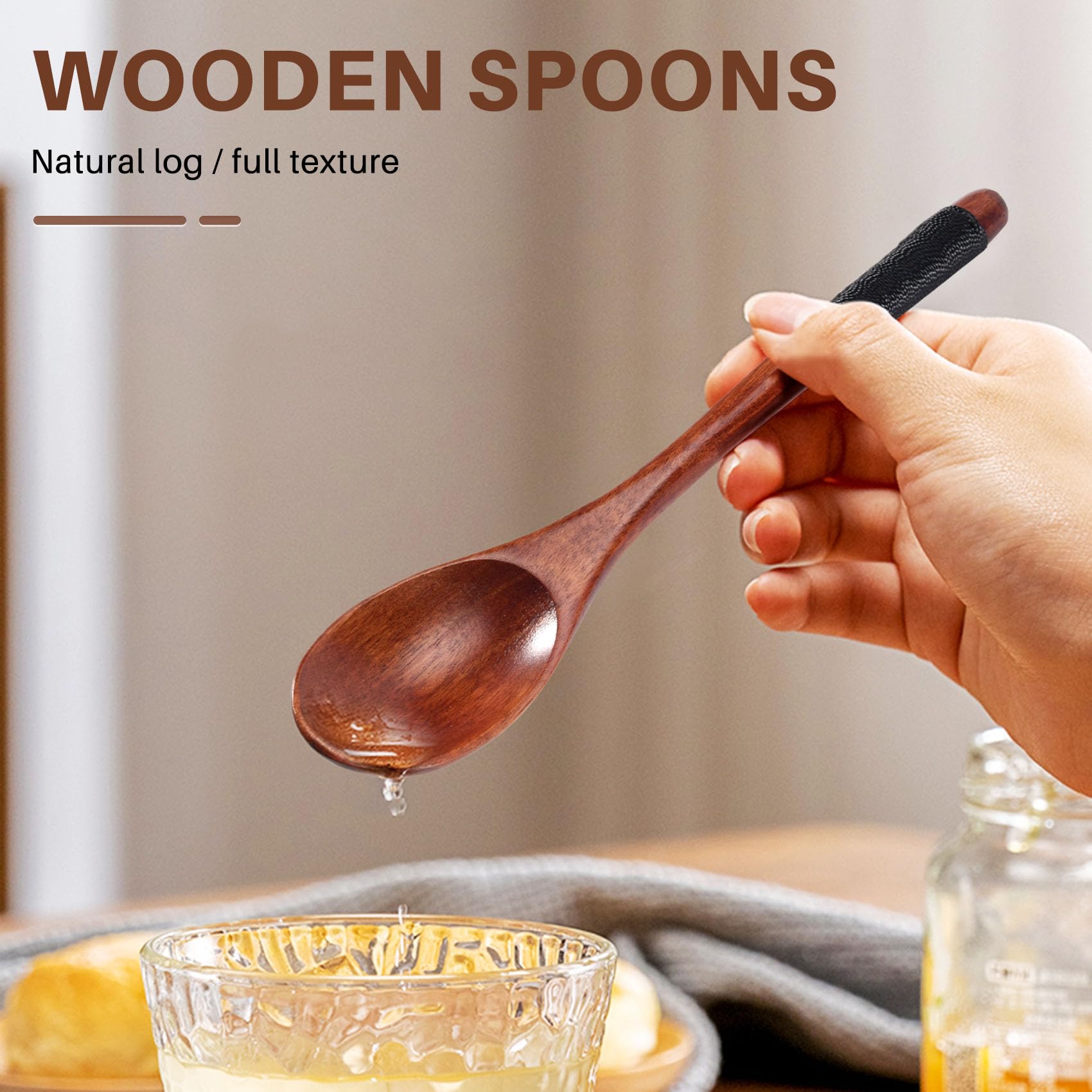 Lizusidtsy Wooden Flatware Set, Wooden Portable Set Chopsticks Spoon Fork Tableware Dinnerware with Black Twining Thread