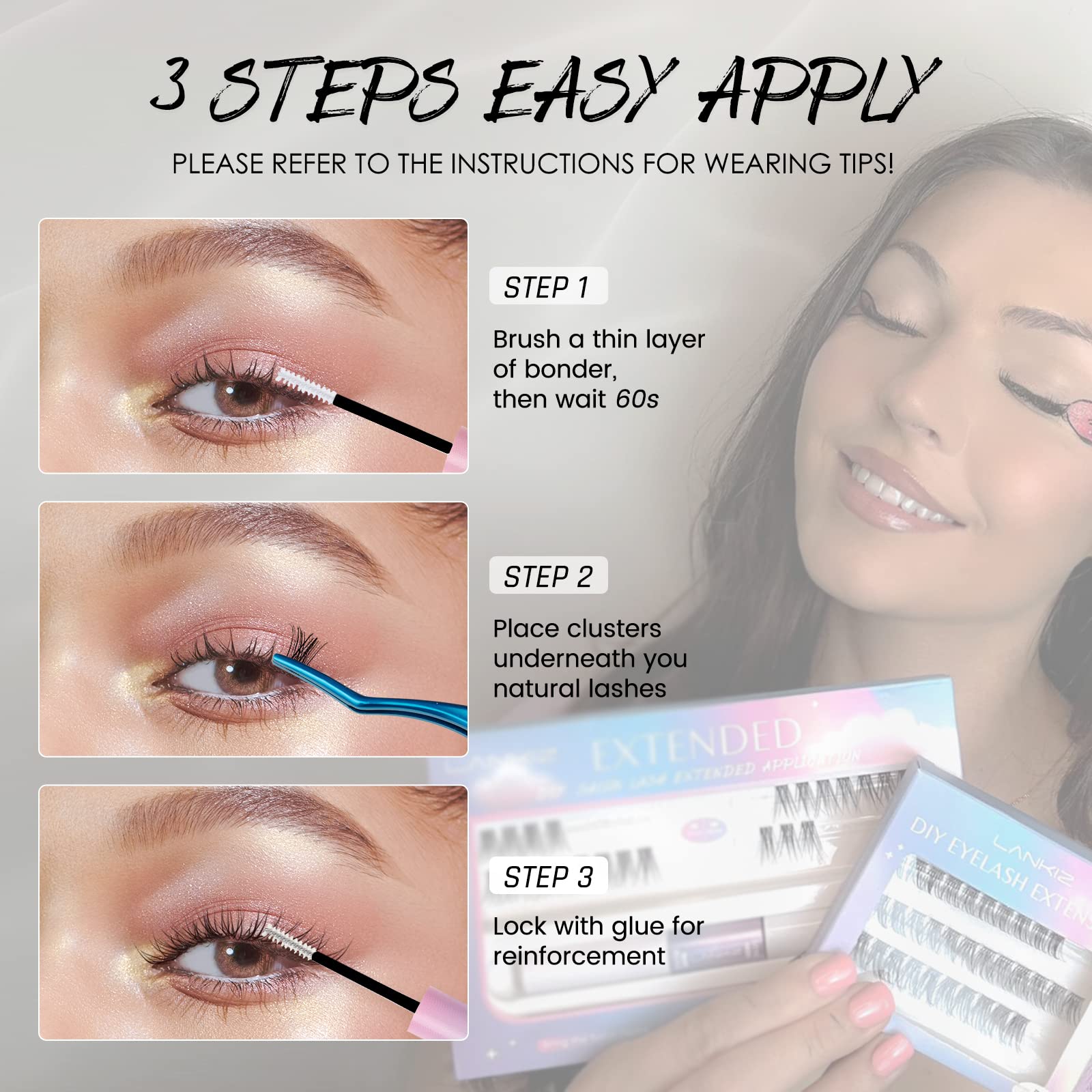 LANKIZ-DIY-Lash-Extension-Kit, with Super Hold Mascara Brush Bond & Seal Glue, Faux Mink Wide-Stem Cluster Lashes Starter Kit at Home, DIY Individual Eyelash Extensions