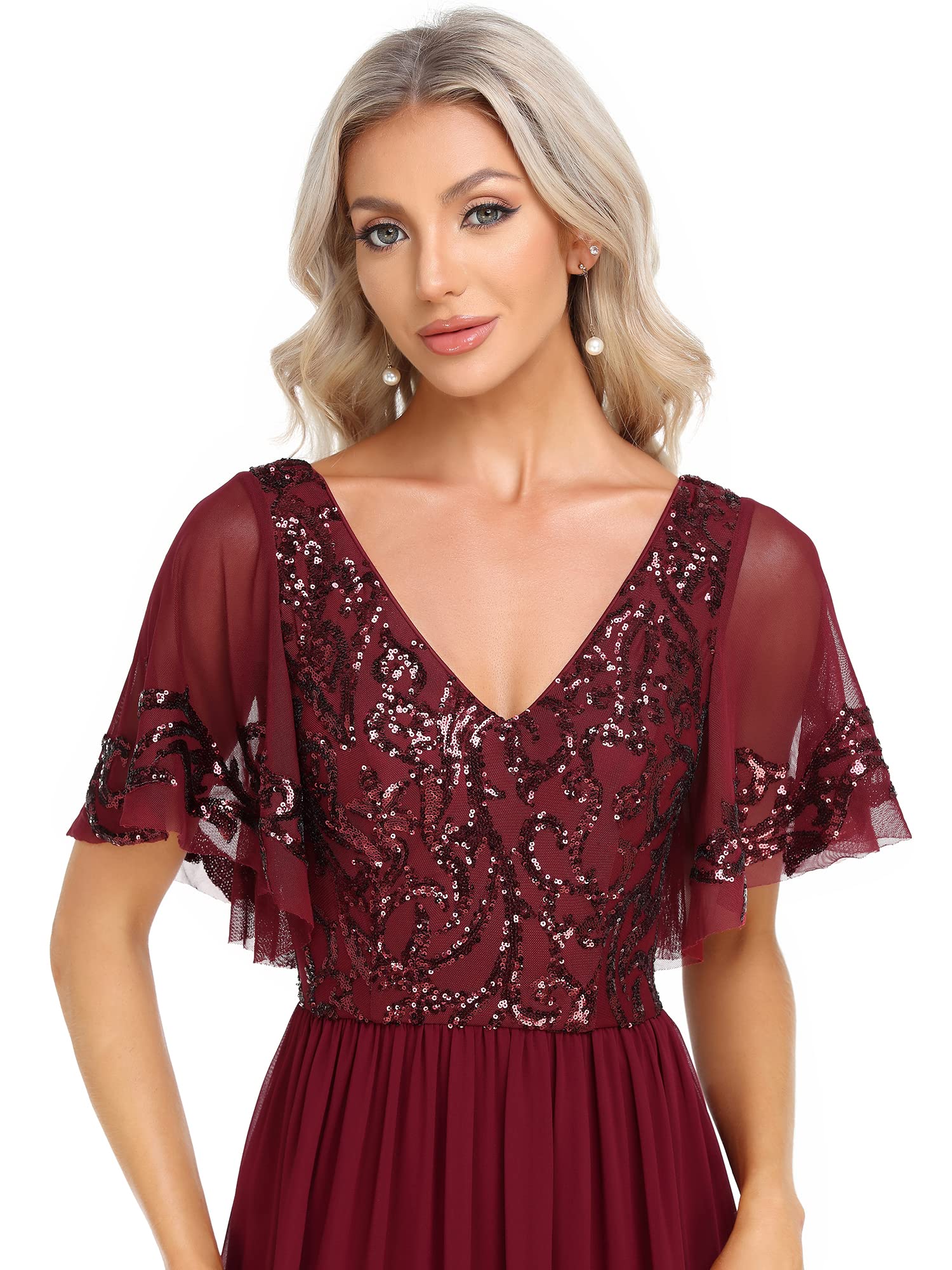 Ever-Pretty Women's Sequin Ruffle Sleeve V Neck A-Line Pleated Open Back Long Chiffon Formal Dresses Burgundy US26