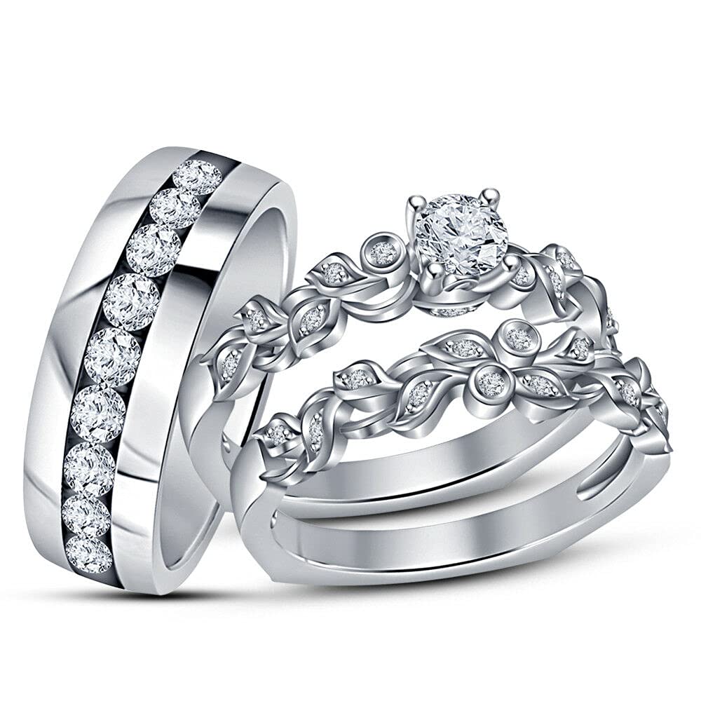 Intershine Round Cut White Diamond 925 Sterling Silver 14K White Gold Fn Diamond Leaf Design Beautiful Wedding Trio Ring Set for Him & Her