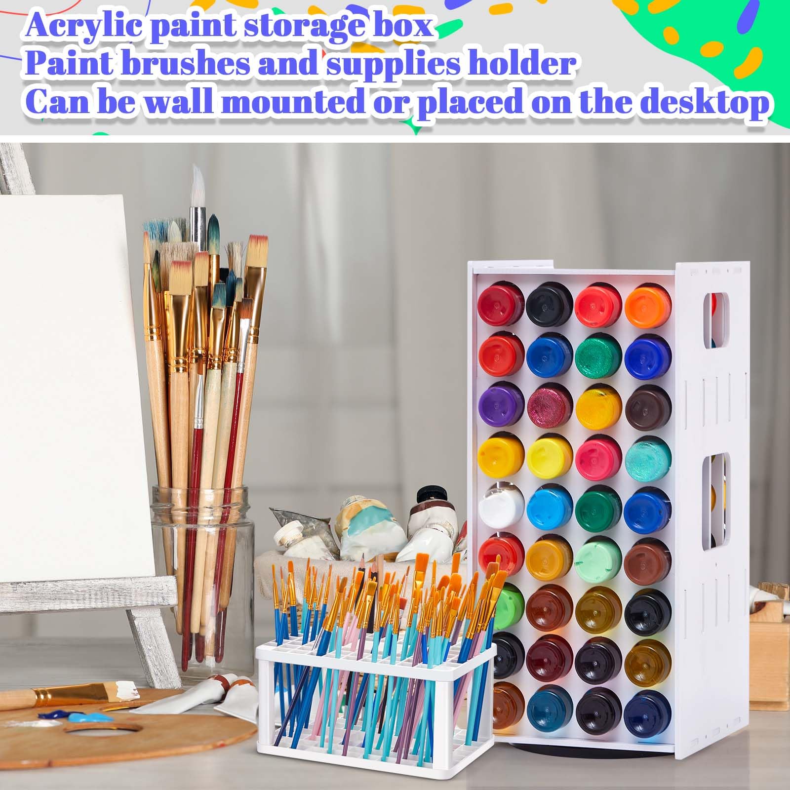 Juexica Acrylic Paint Organizer Craft Paint Storage for 2 oz Craft Paints with Paintbrush Stand Vertical Paint Organizer Holder Wall Mounted Stand Plastic 360 Spinning Paint Storage Tower(72 Holes)