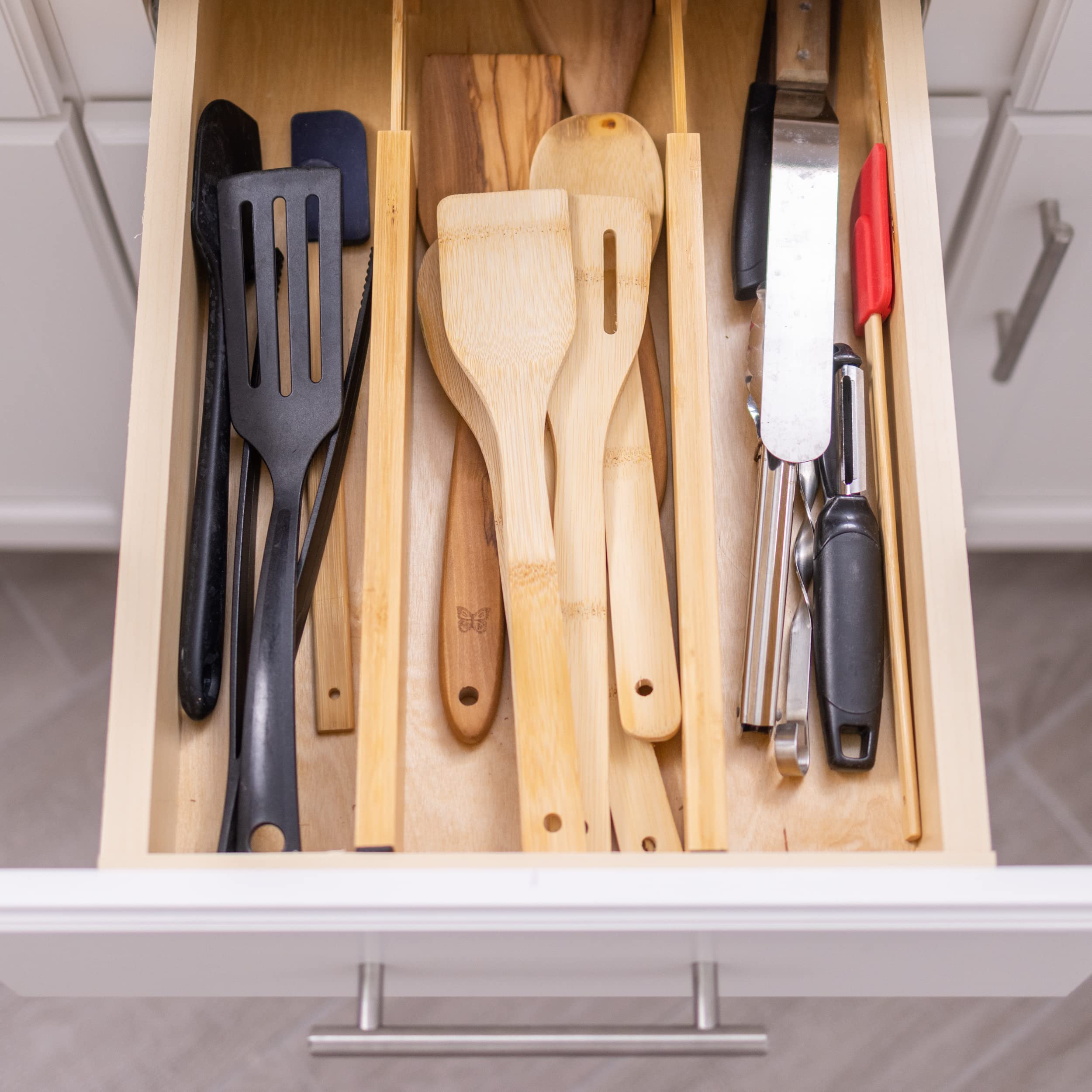 Fabsome Bamboo Kitchen Drawer Dividers 4 Pack, 17-22 inches Long Adjustable Spring-loaded Organizer Durable Organization Separators for Large Utensil Drawers, Clothing Dresser Drawers