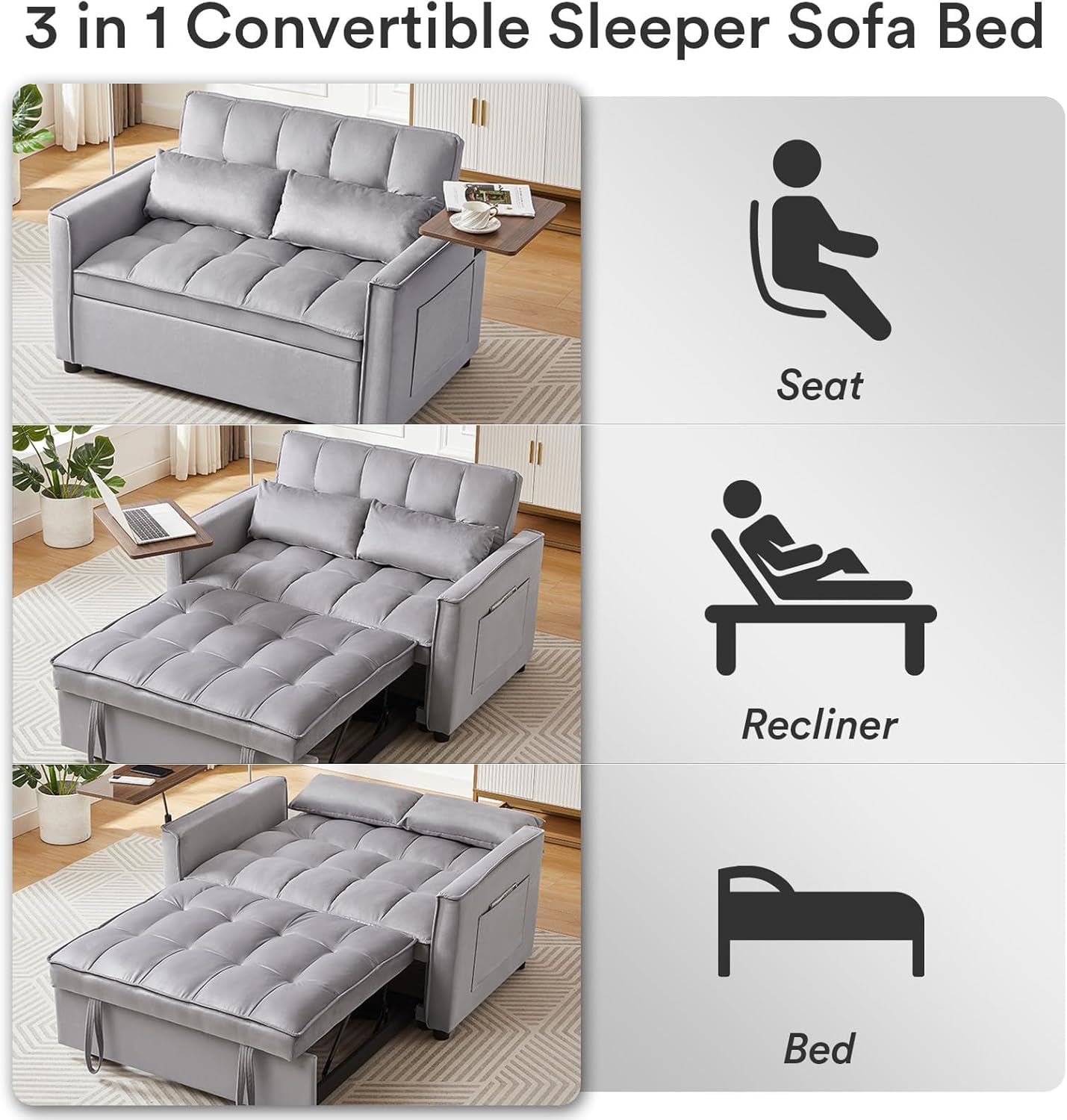 Rovibek Convertible Sofa Bed Couch Pull Out 3 in 1 Futon Loveseat Sleeper 2 Seat Velvet Lounge for Living Room, Adjustable Backrest, with Side Table, Black