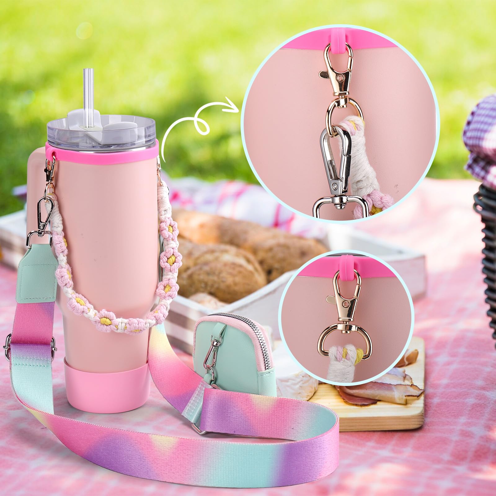 Mity rain Water Bottle Shoulder Strap Set for Stanley Cup, Cup Accessories for Stanley 20oz 30oz 40oz, Including Cup Holder Shoulder Strap with Purse, Carrying Handle Strap, Boot, Cup Ring