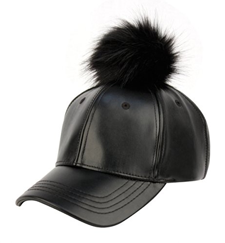 Faux Leather Five Panel Pom Pom Baseball Cap ,Black/Black,One Size