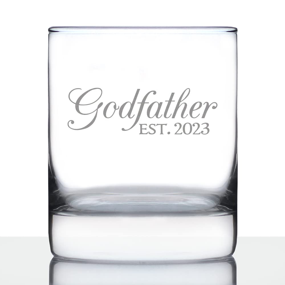Godfather Est 2023 - New Godfather Whiskey Rocks Glass Proposal Gift for First Time Godparents - Decorative 10.25 Oz Glasses