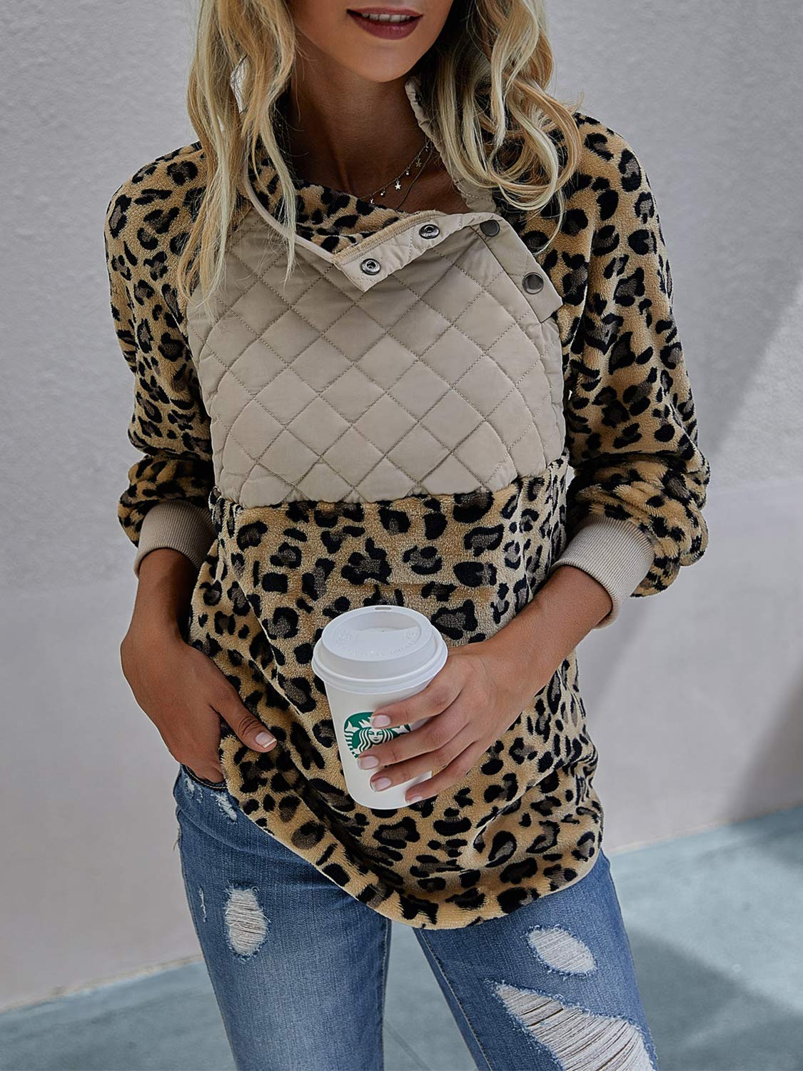 Glamaker Women's Leopard Print Long Sleeve Zipper Fuzzy Fleece Pullover Sweatshirt Oversized Sherpa Lapel Tops Outwear with Pockets Leopard-Khaki Large