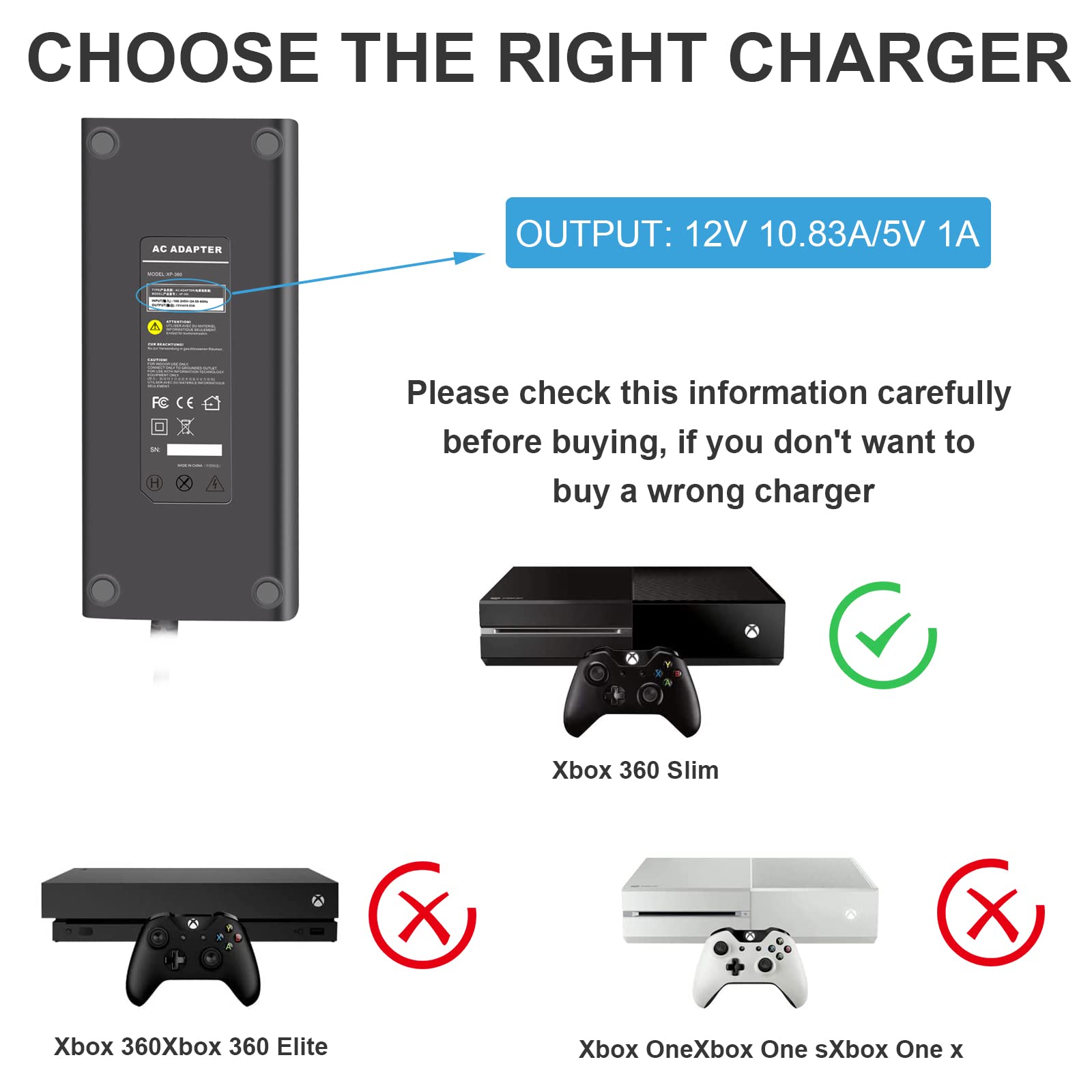 Fancy Buying AC Adapter with Cable for Xbox 360 Slim Power Supply Charger Brick (Black)