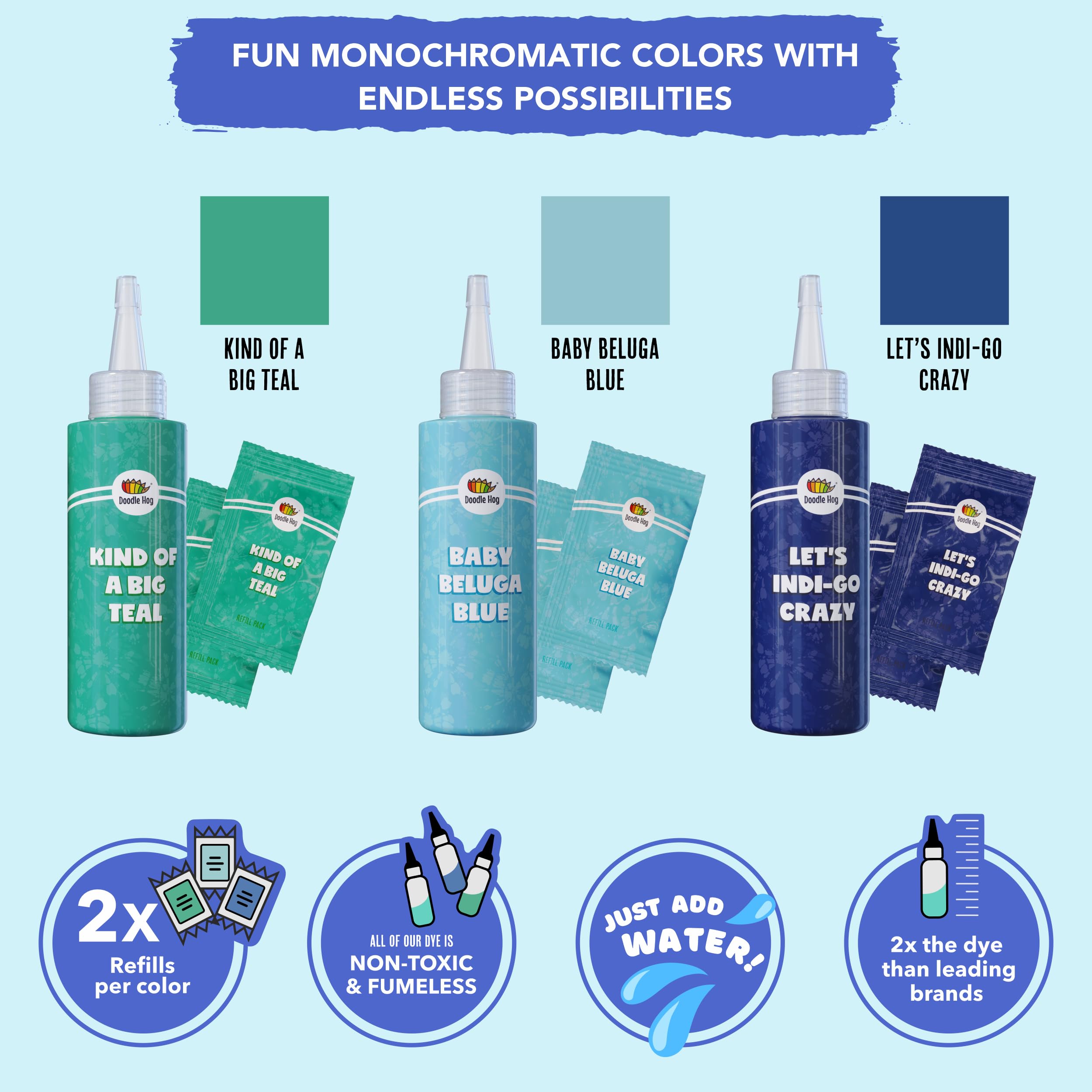 DOODLE HOG Blue Colors Tie Dye Kit in Beach Bum Blue Tie Dye β Custom Clothing Dye with 6 Refills for Summer Activities for Kids - Tie Dye Supplies with Aqua Tie Dye Techniques Guide DIY