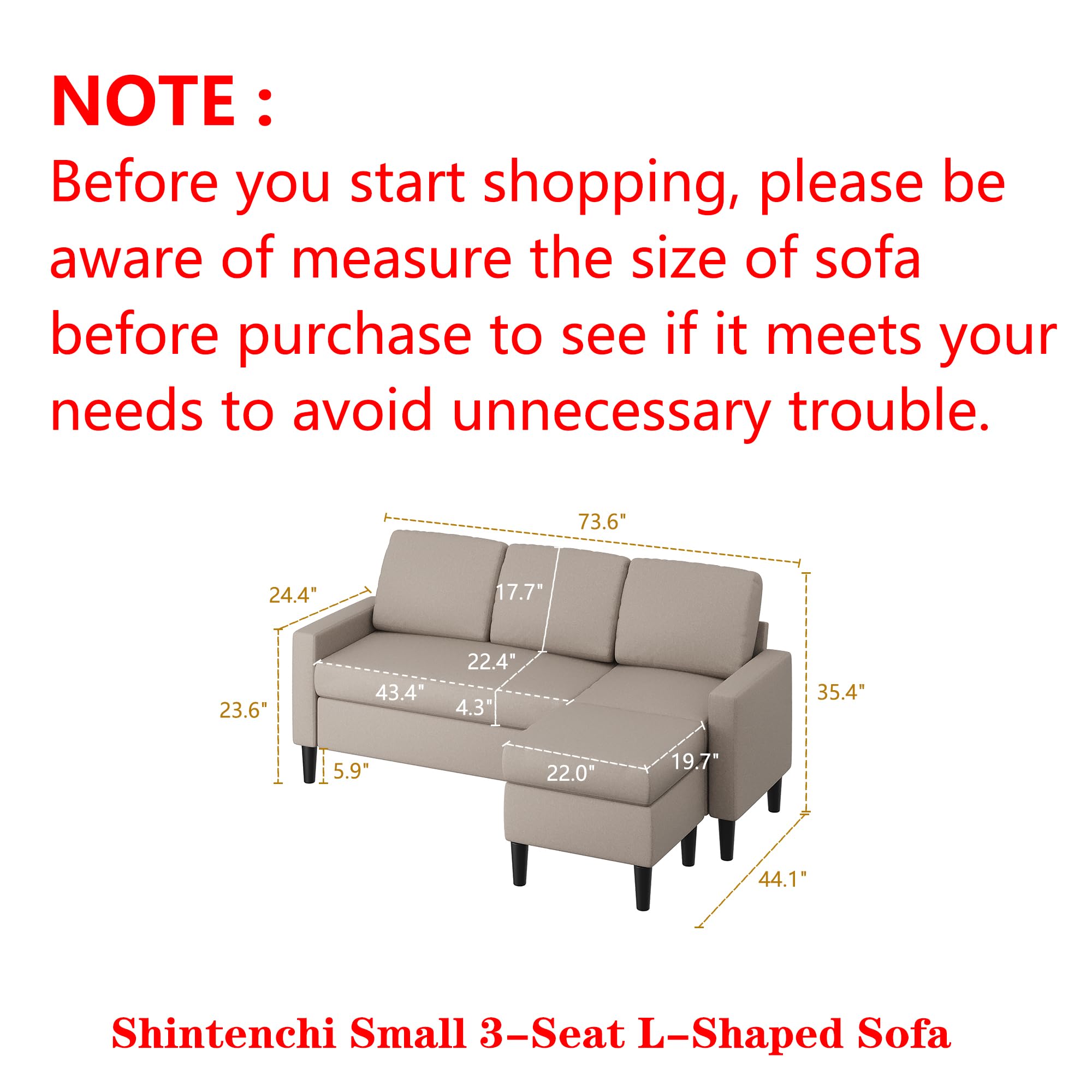 Shintenchi 74" Convertible Sectional Sofa Couch, Small 3-Seat L-Shaped Sofa with Modern Linen Fabric Upholstered, Space-Saving Sofa with Reversible Chaise for Living Room Apartment(Dark Beige)