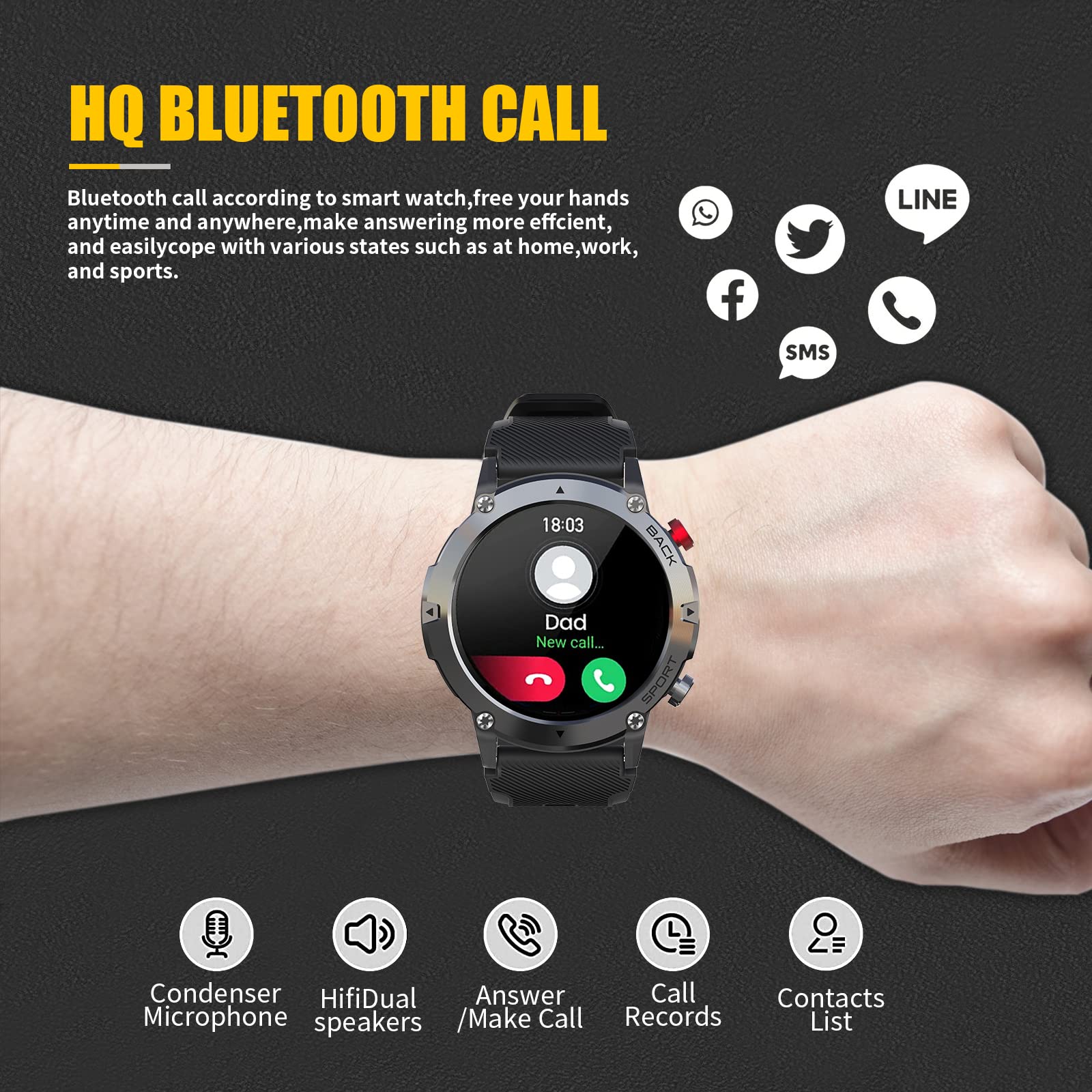 HIKA Military Smart Watch for Men,Bluetooth Calls,IP68 Waterproof,1.32'' HD Full Touchscreen,Heart Rate/Sleep Monitor,Notification Reminder,20 Sports Modes,Compatiable with Android iOS Black…