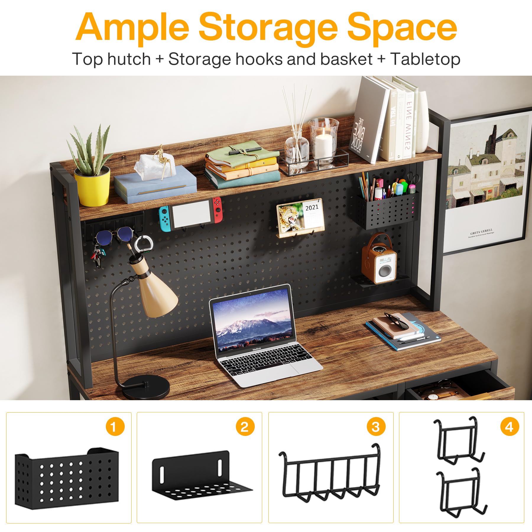 Tribesigns Computer Desk with 4 Drawers, 47 Inches Home Office Desk with Hutch and Storage, Industrial Gaming Desk PC Desk with Pegboard Study Writing Table Workstation for Home Office, Brown & Black