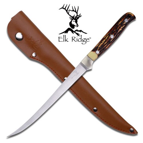 ER-146. Elk Ridge 12 1/4 Inch Filet Knife With Simulated Bone Handle Elk Ridge 12 1/4 Inch Overall in length Filet Knife. Features Simulated Bone Handle. Comes with the leather sheath. KNIFE fixed blade knife hunting sharp edge steel