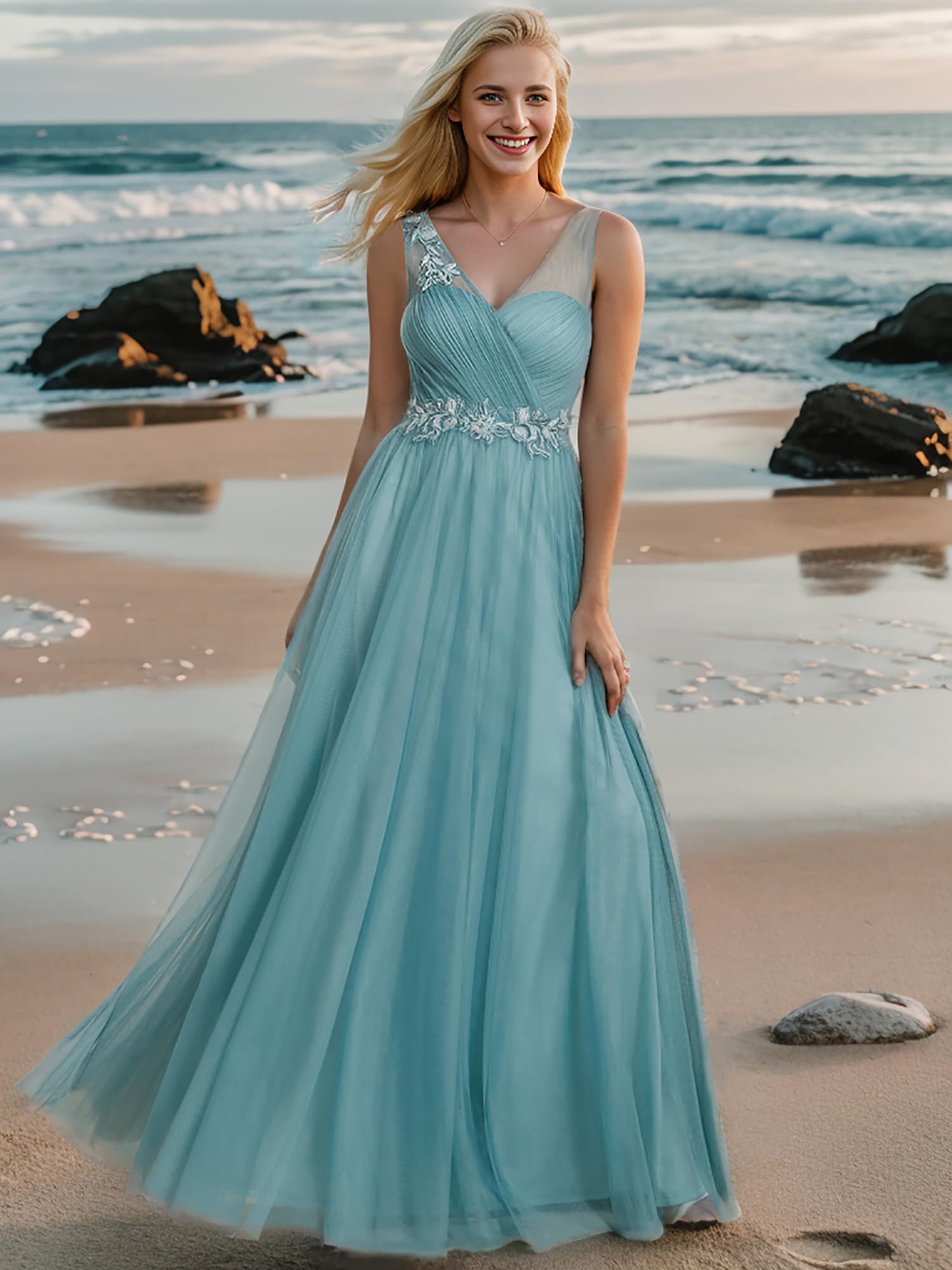 Ever-Pretty Women's V Neck Sleeveless See-Through A-line Flowy Maxi Bridesmaid Dresses for Women Dusty Blue US10