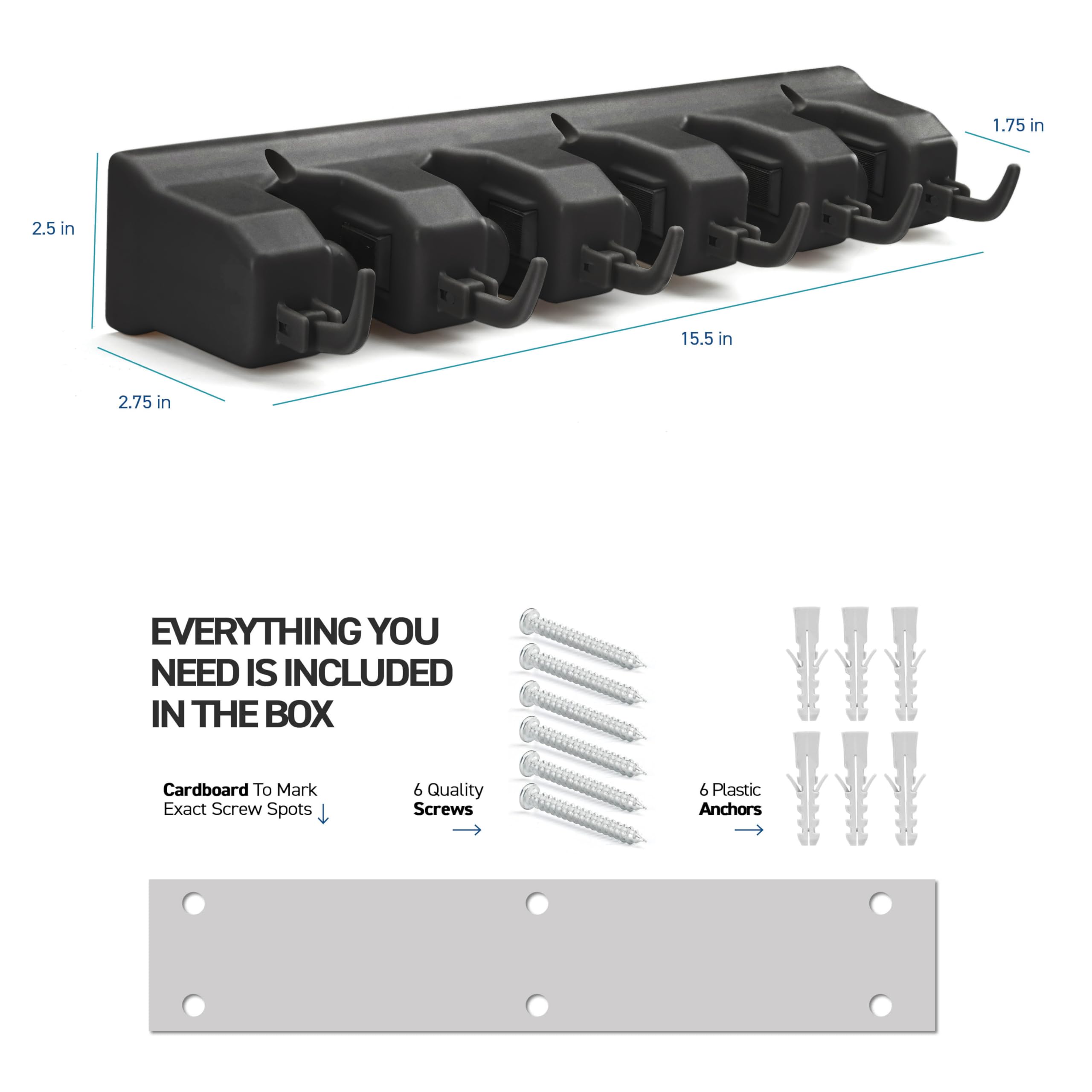 Mop and Broom Holder Wall Mount - Garage Storage Organizer with 5 Slots, 6 Hooks, 7.5lbs Capacity Per Slot - Home, Kitchen, Closet, Garden Tools, Laundry Room Organization β Black Broom Hanger