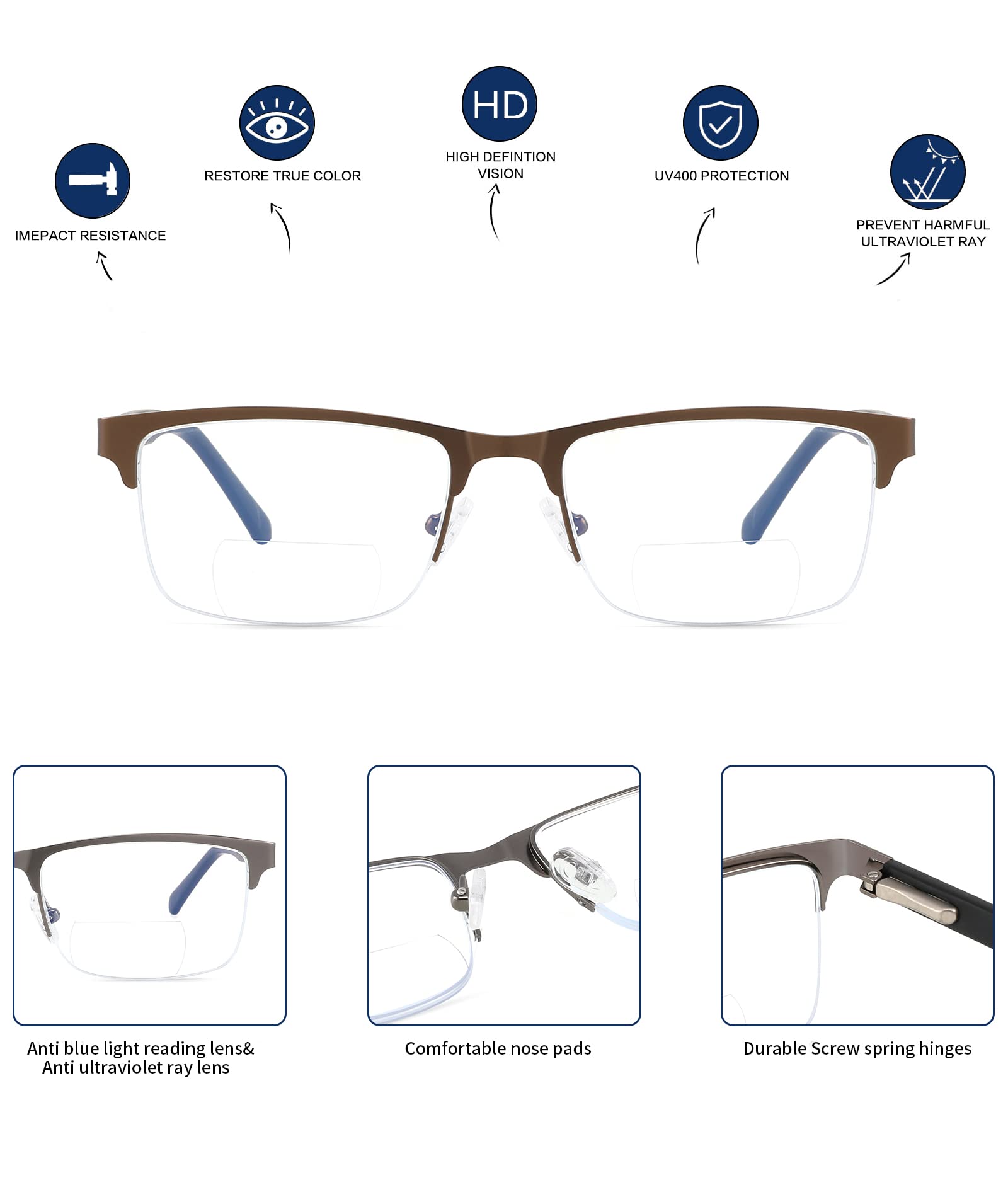 Kafirlo Bifocal Reading Glasses Men Progressive Blue Light Blocking Computer Reader No Line Half Frame Metal Wide Eyeglasses Designer Cheaters Transition Square Stylish Fashion Eyewear +2.00