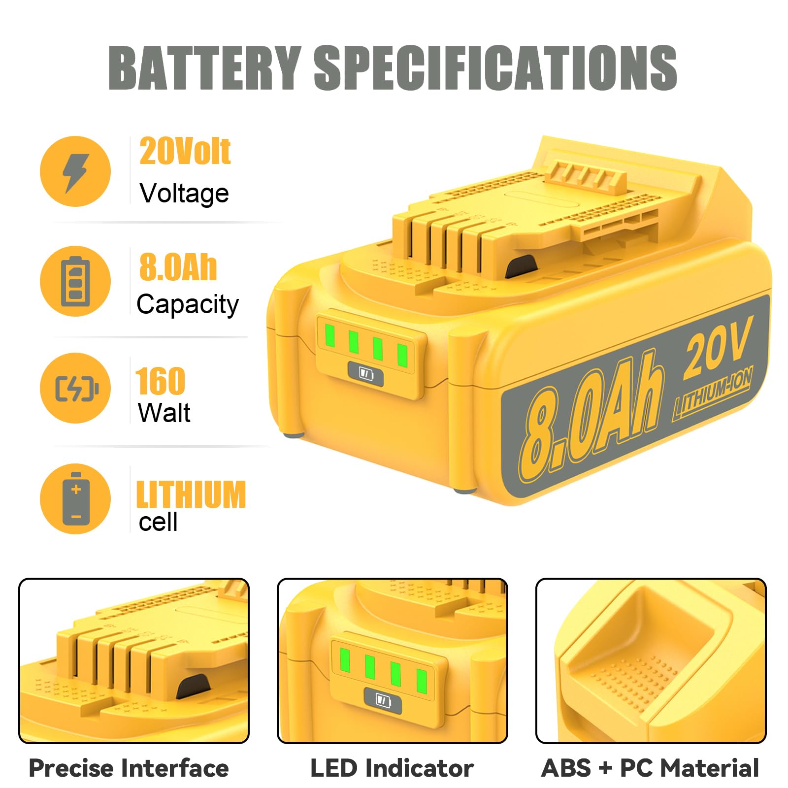 JUNWOOD 2Pack 8.0Ah Replacement for Dewalt 20V Battery Lithium Max Compatible with XR DCB200 DCB201 DCB206 DCB204 DCB207 DCD/DCF/DCG Series