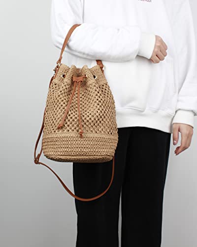 Hyuyikuwol Lightweight Straw Crochet Drawstring Bucket Bag Beach Bag Hollow Out Shoulders Bag for Women One Size