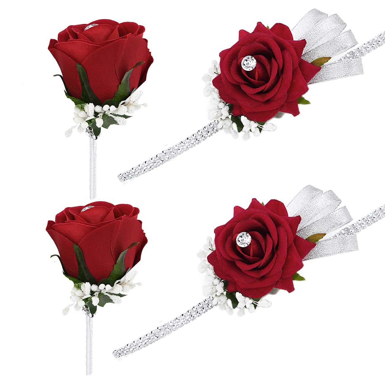FAYBOX Wedding Prom Velvet Rose Rhinestone Corsage and Boutonniere Set With Silvery Ribbon Stretch Bracelet (Red*2)