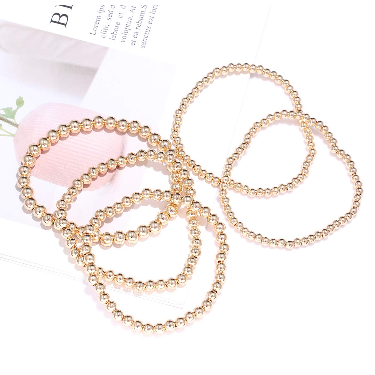 GLBCC Gold Beaded Bracelet Set for Women Stack 14 K real Gold Plated Ball Bracelets Elastic String Bracelet 4 mm 5 mm 6mm Small Beads Friendship Bracelet for Men (gold)