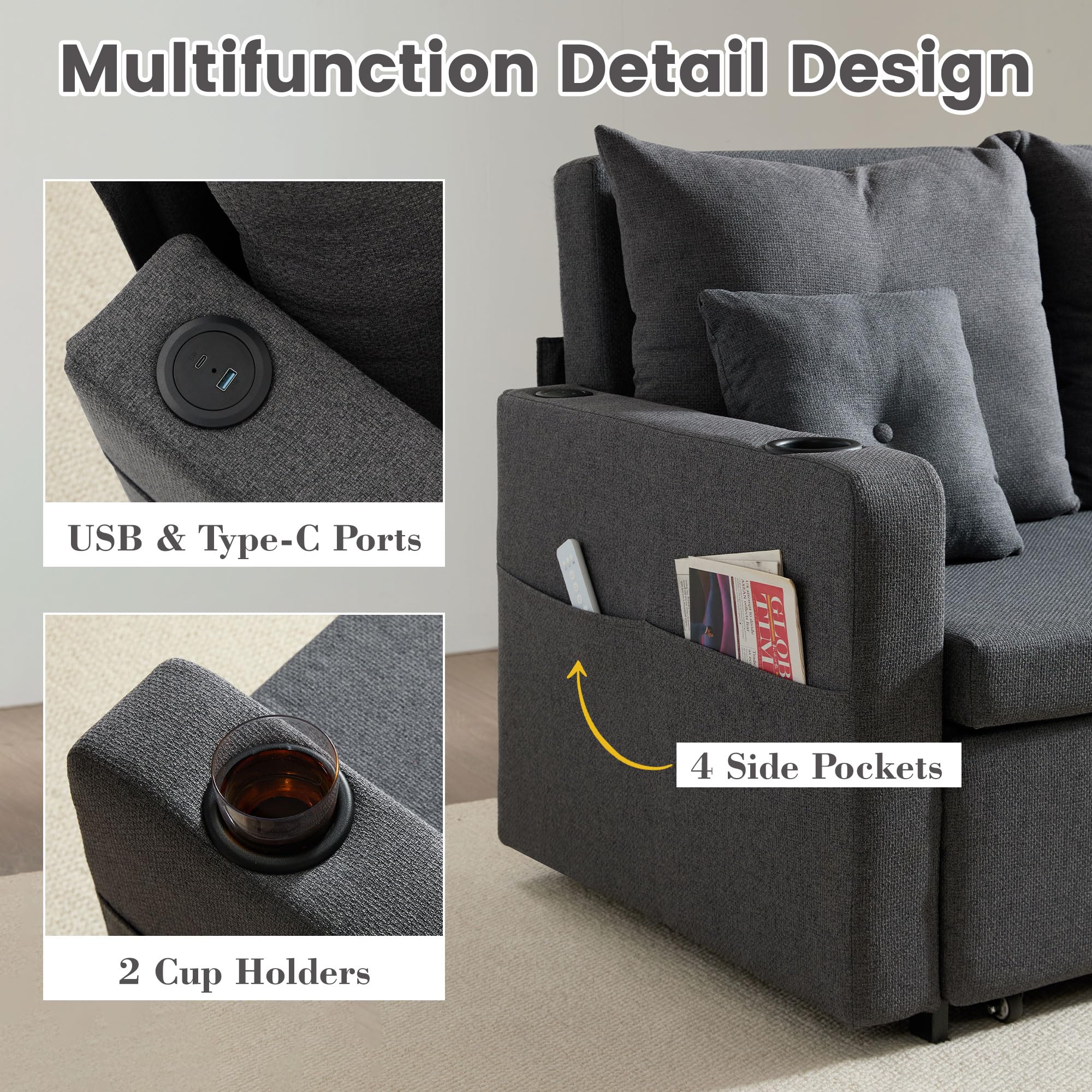 Krcix 3 in 1 Sleeper Sofa Bed, 56 Inch Convertible Loveseat Sofa, Pull Out Couch Bed with Storage Pockets, Cup Holders, USB β Sofa Cama for Living Room, Bedroom, Apartment, Dark Grey