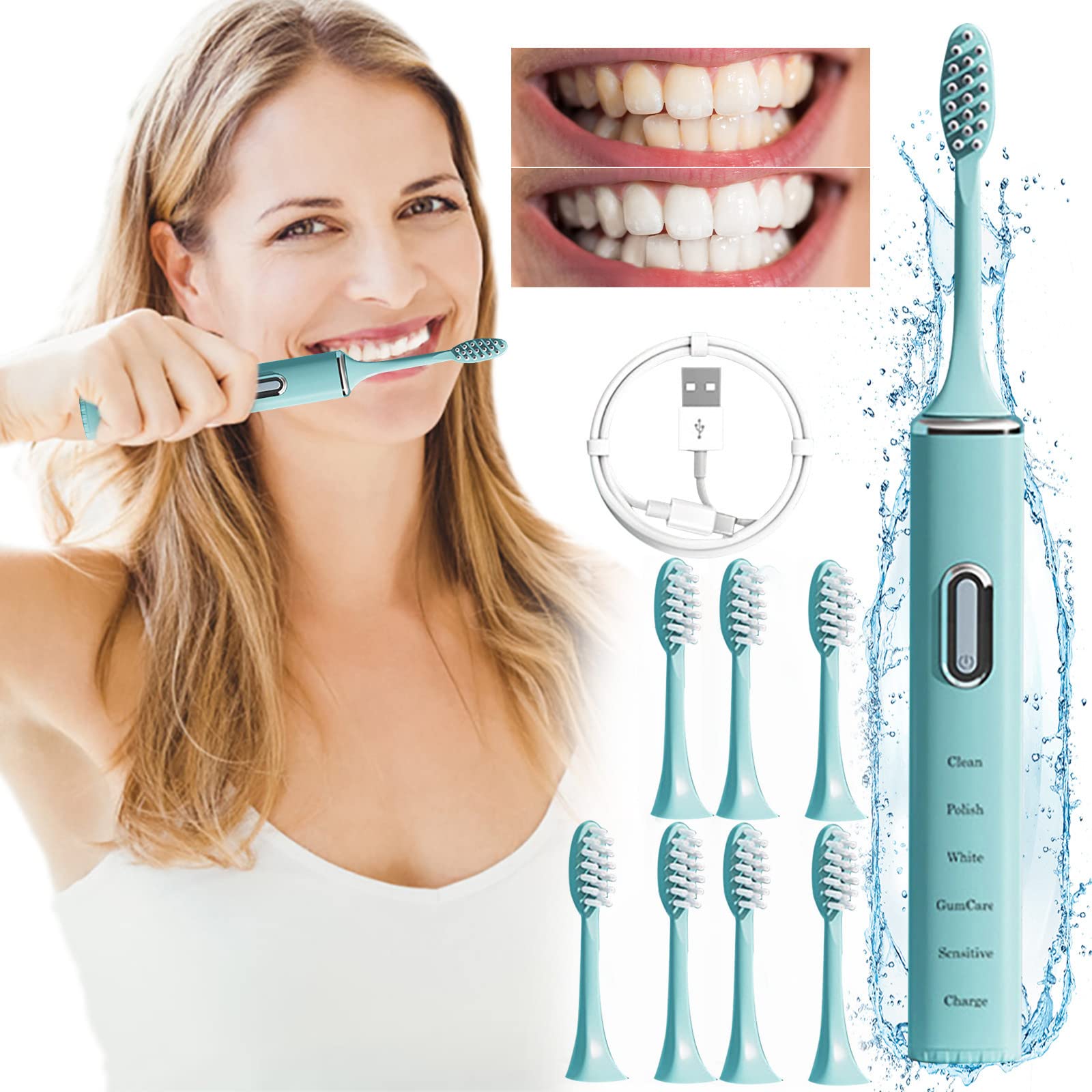 ZITIANY 5 Modes Sonic Electric Toothbrush, 7 Color Available Rechargeable Electric Toothbrush with 8 Brush Heads