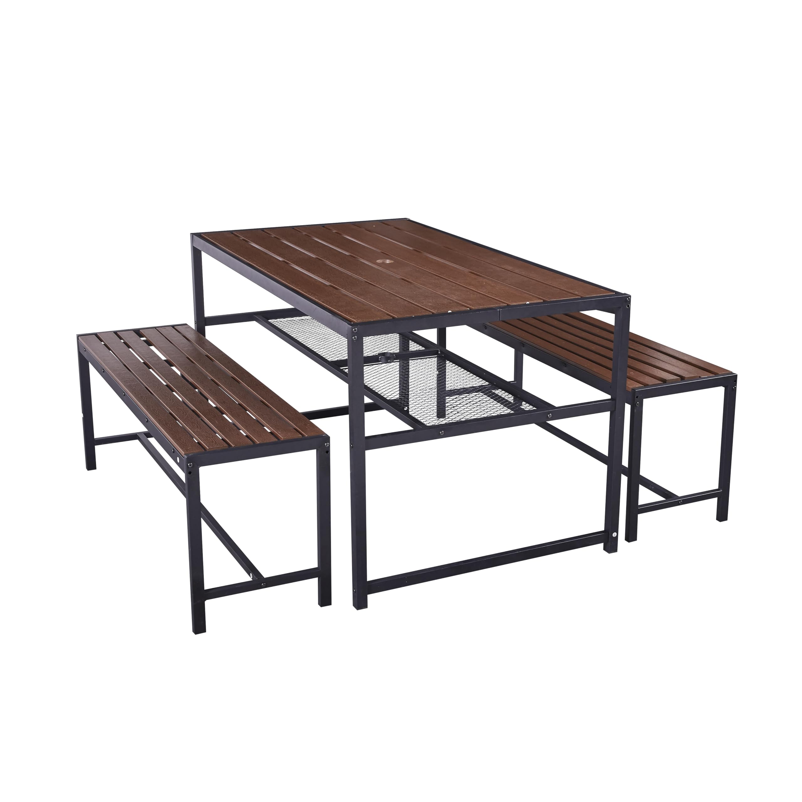 Outdoor Dining Set Picnic Table and Benches with 2" Umbrella Hole and Storage Shelf, Plywood Patio Dining Sets for 4-6 People, All-Weather Picnic Set for Garden Backyard Poolside - Brown