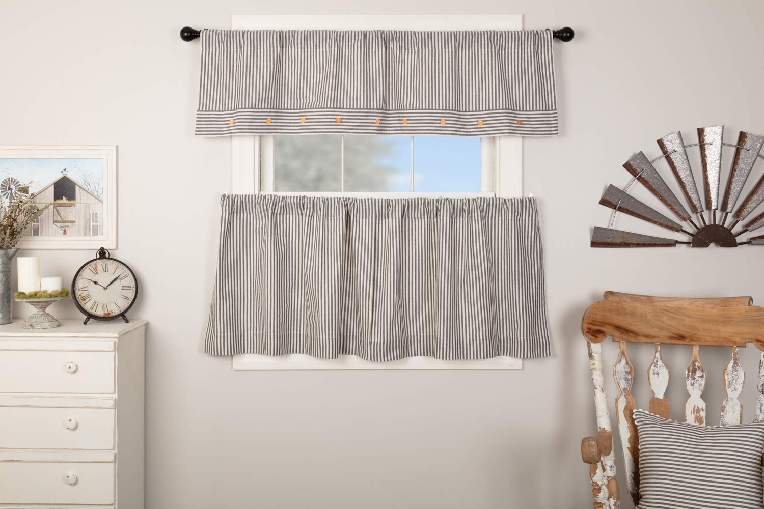 Farmhouse Ticking Stripe Gray Tier Curtains, Set of 2, 24" Long, Farmhouse Style Café Curtains
