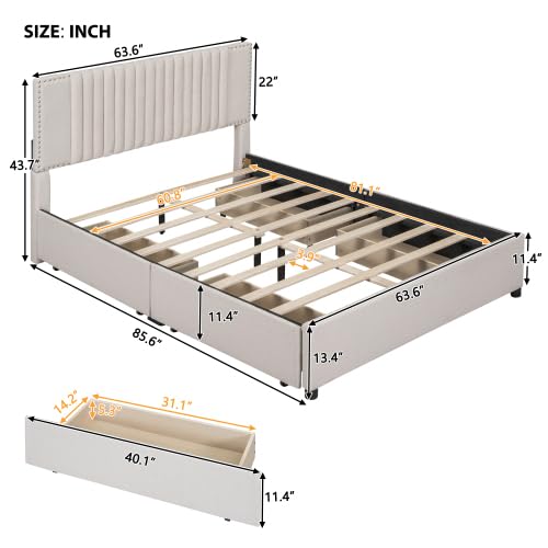 Merax Queen Size Upholstered Platform Bed Frame with Soft Classic Headboard and 4 Drawers, Linen Fabric,Beige