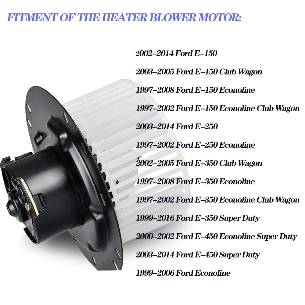 FAERSI HVAC Plastic Heater Front Blower Motor with Fan Cage 700022 Compatible with Ford, 1997-2014 E-150, 1997-2014 E-250, 1997-2016 E-350, 2000-2014 E-450, 1999-2006 Ford Econoline Van Front