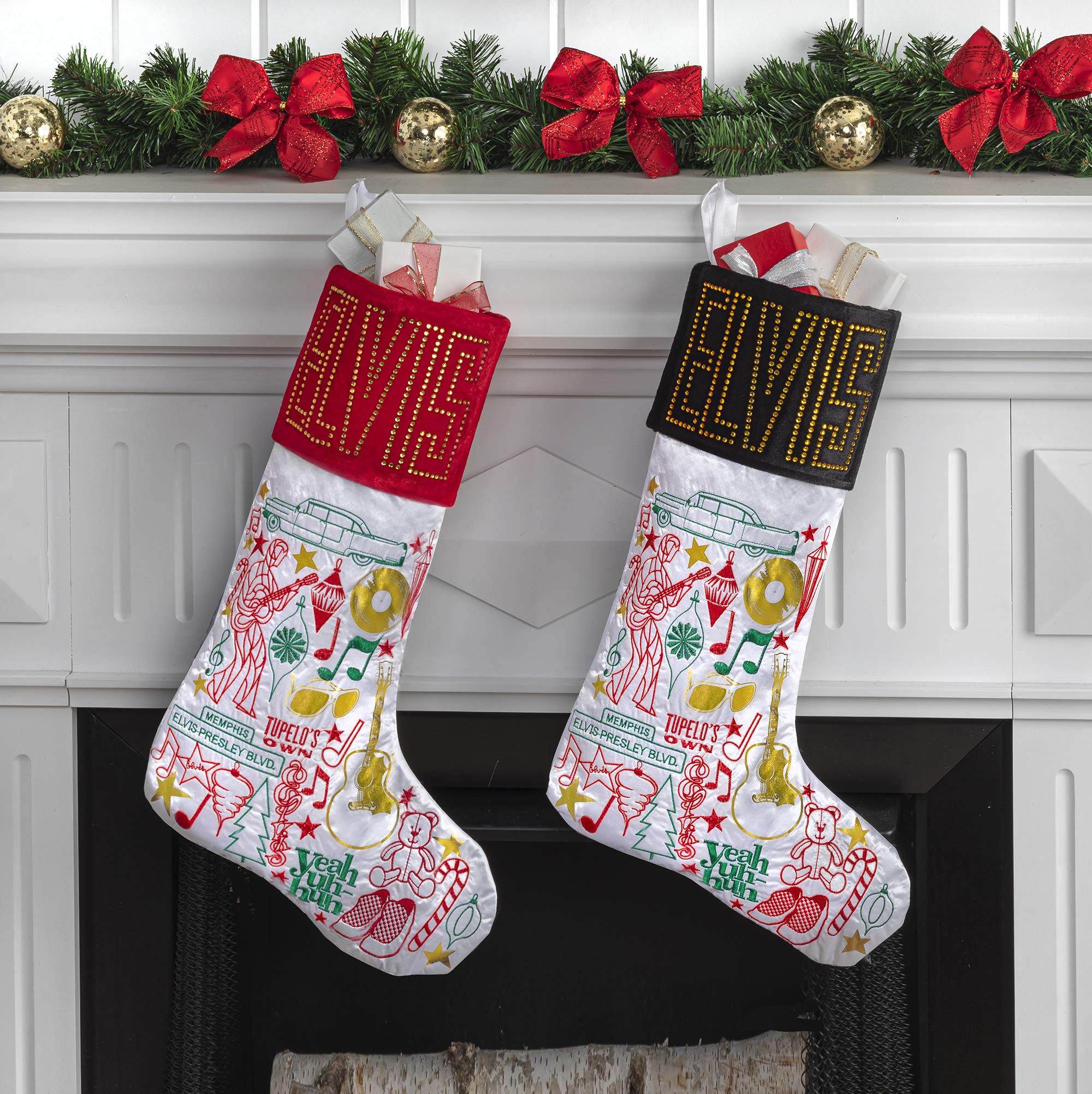 ELVIS 21 Inch Satin Christmas Stocking Decoration - Velvet Cuff With Gold Embroidered Lettering (Red)