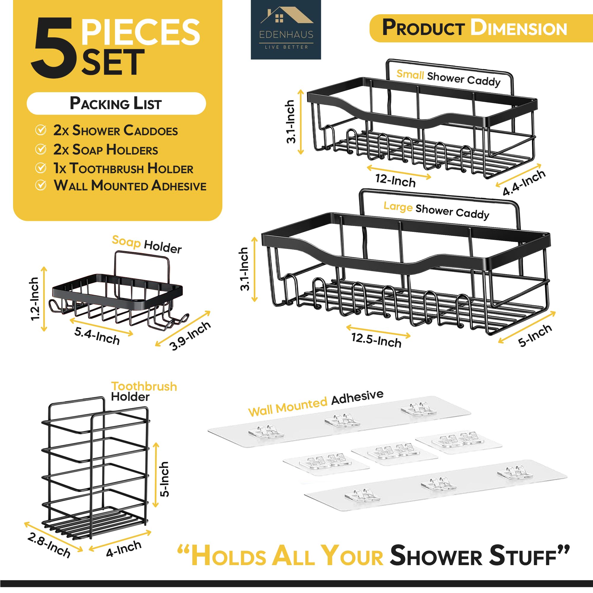 Shower Caddy Set of 5 – 2 Large Stainless Steel Shower Racks with 20 Hooks, 2 Soap Holders & 1 Toothbrush Holder