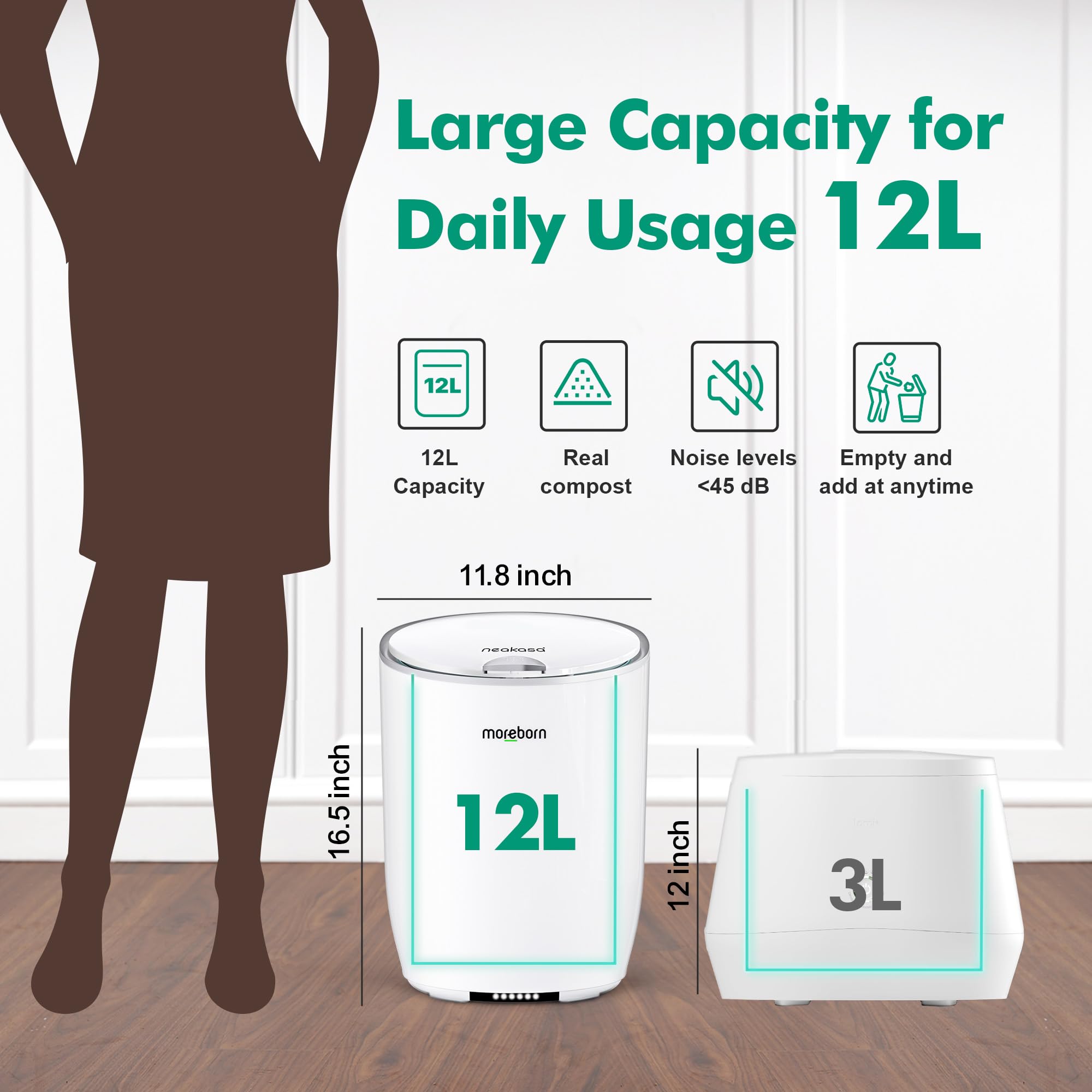 Moreborn by Neakasa 12L Larger Capacity Electric Composter for Kitchen, Smart Odorless Food Waste Compost Machine, Turn Food Waste Into Organic Fertilizer for Plants, Indoor Compost Bin