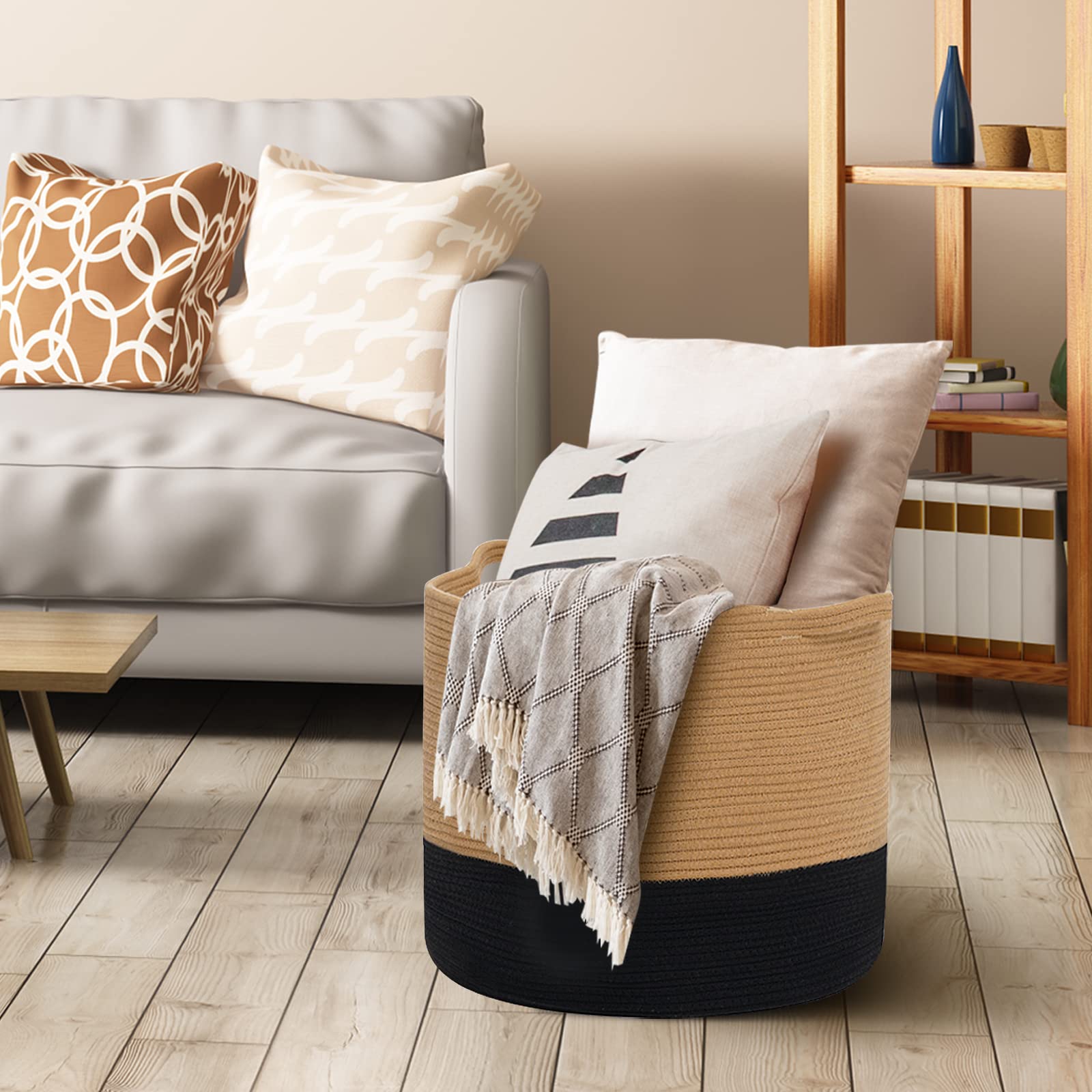 Large Cotton Rope Storage Basket: Woven Round 19”x19”x16” Blanket Pillow Throw Baskets for Living Room Bedroom Decorative - Tall Nursery Toy Storage Bin Laundry Hamper with Handle