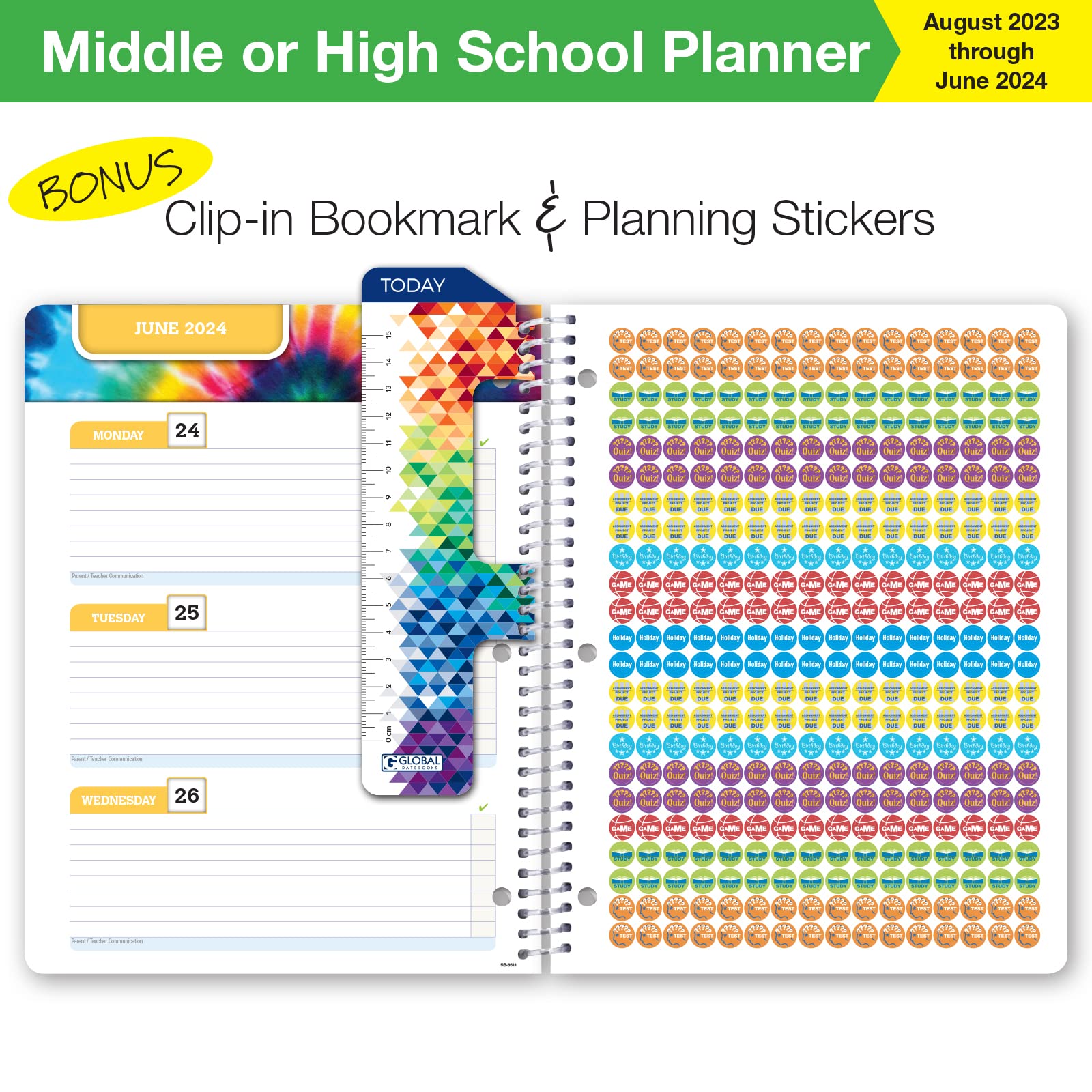 Global Datebooks Dated Middle School or High School Student Planner for Academic Year 2023-2024 Includes Ruler/Bookmark and Planning Stickers (Block Style - 5.5"x8.5" - Deep Blue Marble)