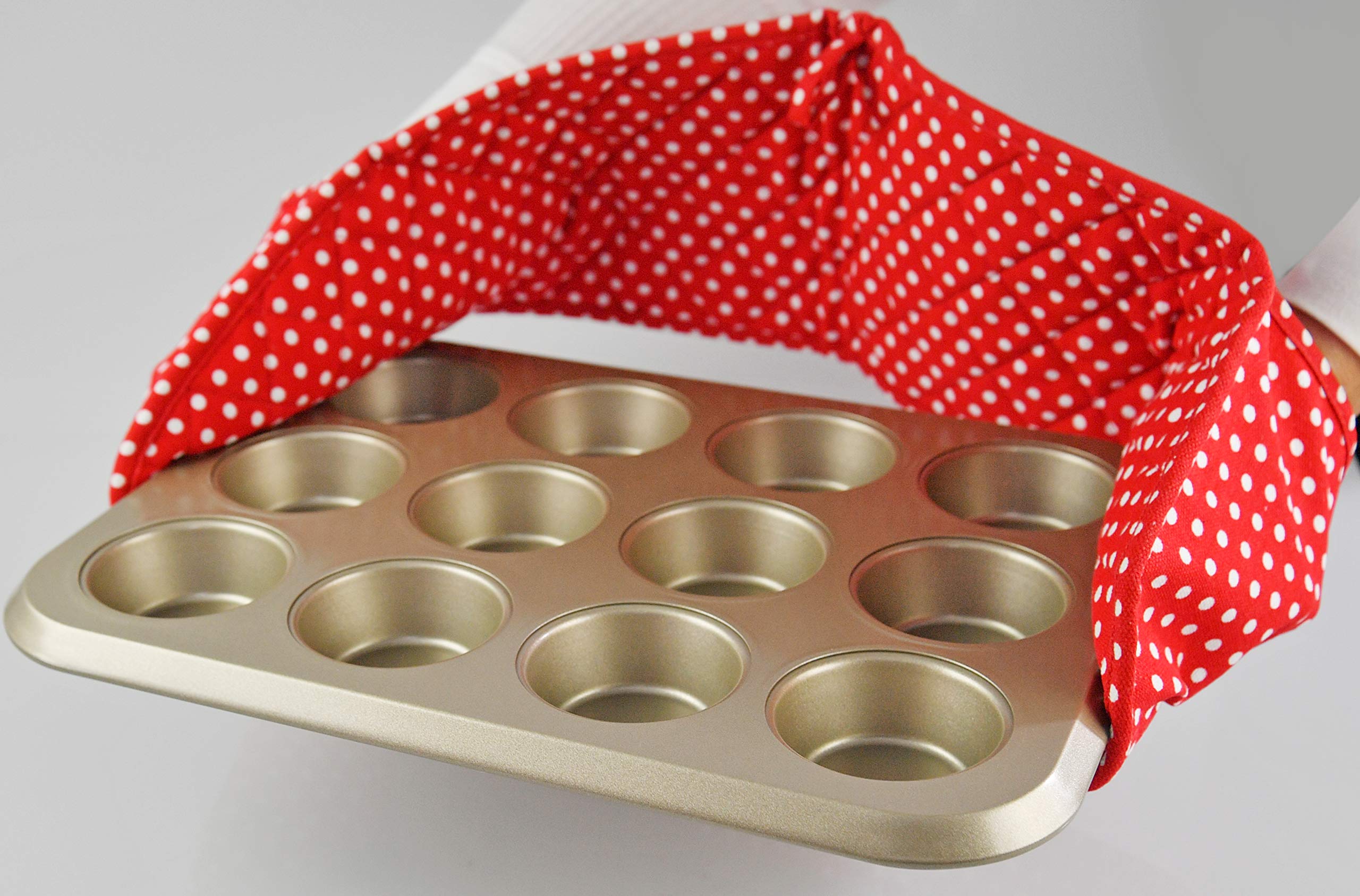 Home-X Red Polk Dot Double Oven Mitt for Cooking and Serving, Heat Resistant, Extra Long Potholder, Oven Gloves to Protect Hands and Arms, Machine Washable -32”L