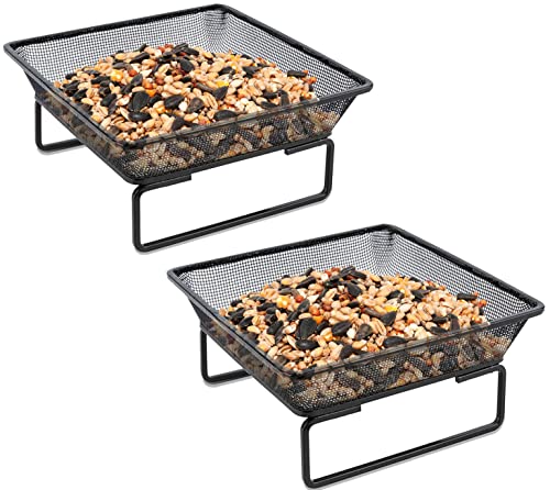 Ground Bird Feeder Tray for Feeding Birds 2 Pack,High Raised Feed Birds Off The Ground,Metal Mesh Platform Bird Feeders Outdoors,Durable Compact Bird Feeder Dish(7" x 7" x 3")