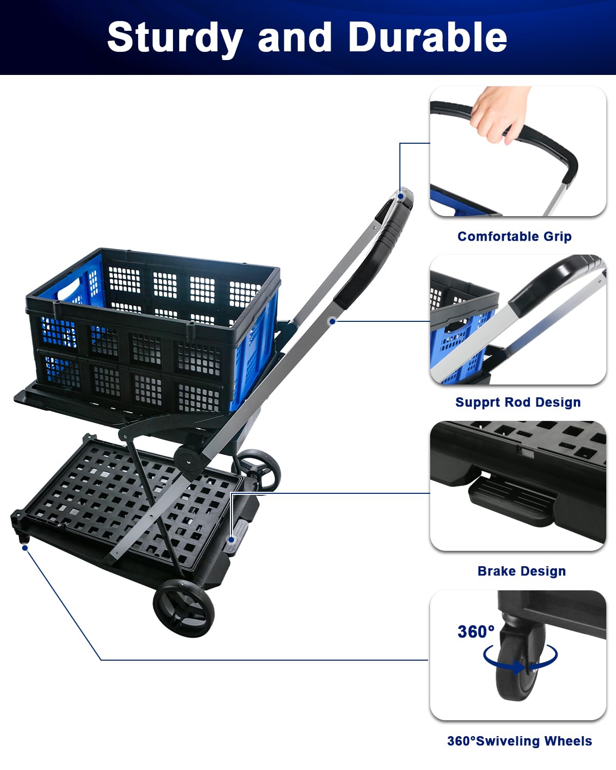 Fumingpal Multi Use Functional Collapsible Carts - 2 Tier Foldable Cart with Wheels | Shopping Cart with 1 Storage Crates | Foldable Trolley Great for Shopping, Catering, Warehouse, Picnicking