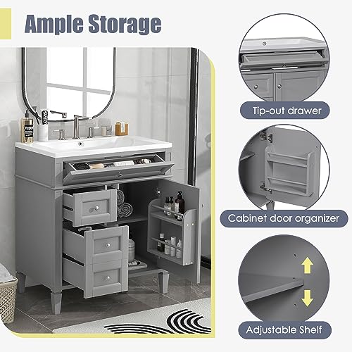 Virubi 30" Bathroom Vanity with Single Sink Combo, Modern Undermount Bathroom Sink Cabinet with 2 Drawers and a Tip-Out Drawer, Freestanding Bathroom Vanities (Grey)
