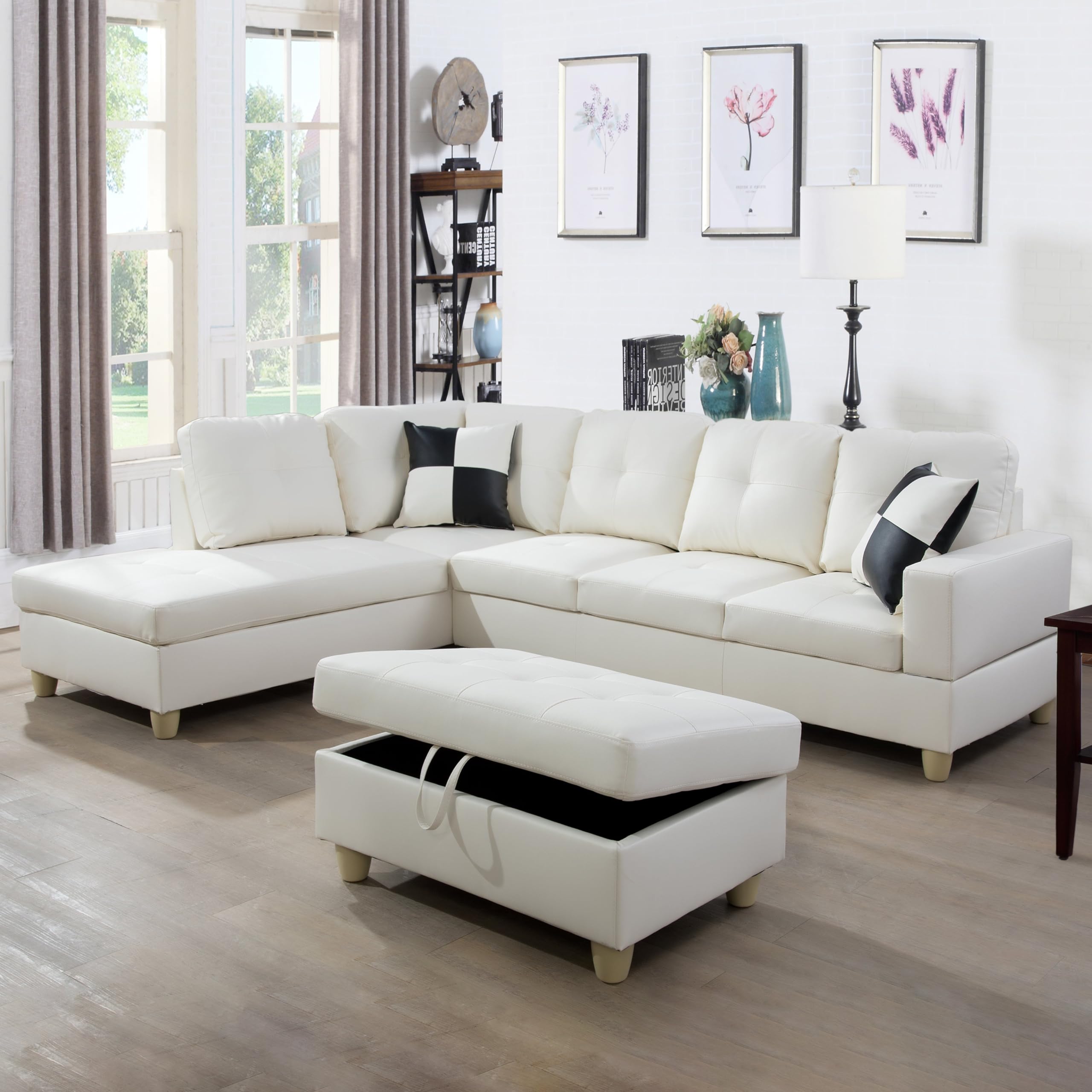 MODCART 103.5" L Shape Sectional Sofa with Right Chaise, Storage Ottoman, Faux Leather Living Room Couch Set w/Button Tufted Backrest, Modern 3-Piece Furniture for Home Office