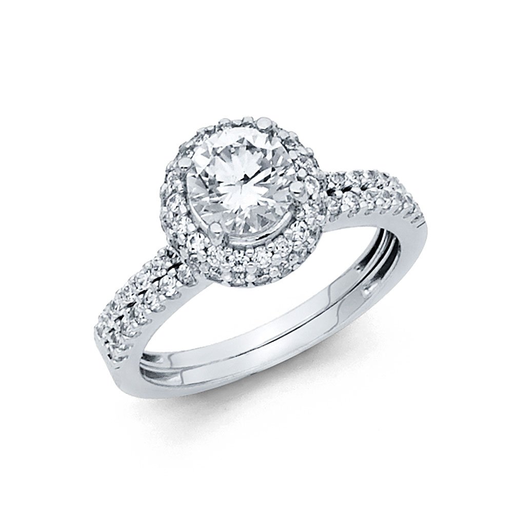 FB JEWELS 14K White Gold Round Cubic Zirconia CZ Wedding Band and Engagement Bridal Ring Two Piece Set Size 5