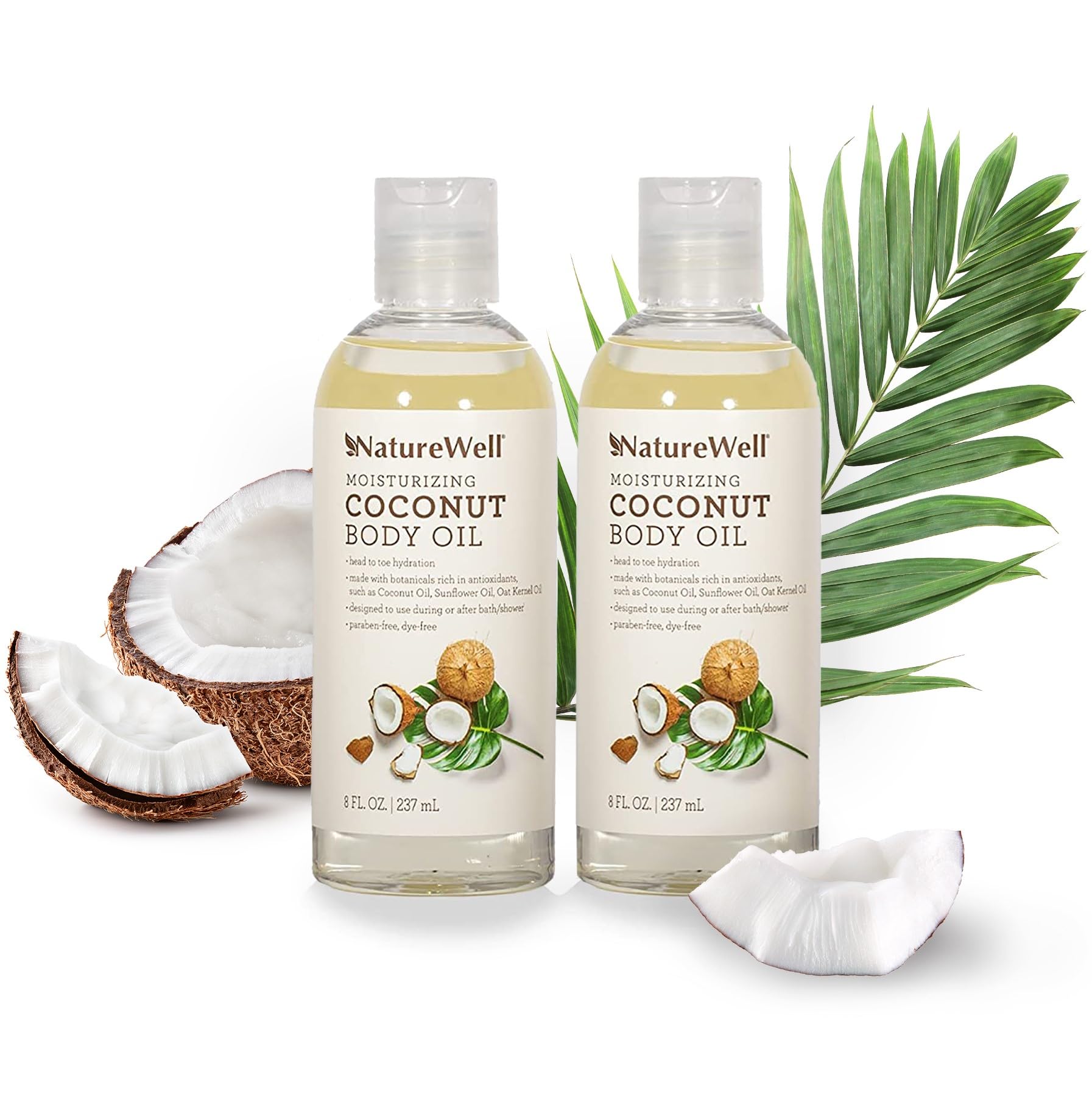NATURE WELL Moisturizing Coconut Oil for Bath, Body, & Shower, Provides A Healthy & Luminous Glow with Head to Toe Hydration, Lightweight & Quick Absorption, Pack of 2 (8 Fl Oz Each)