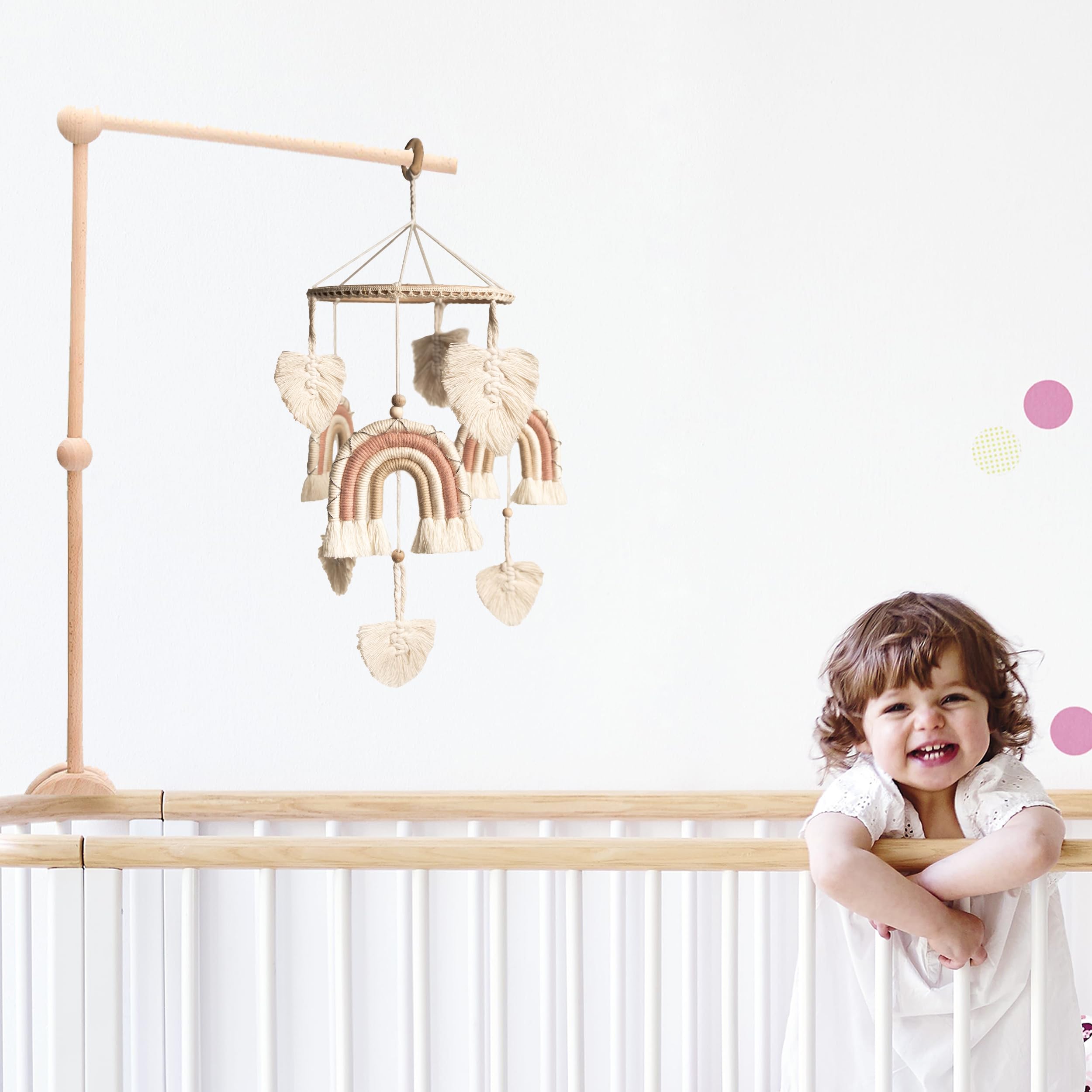 ELYESE Crib Mobile for Girls, Rainbow Baby Mobile, Handmade Mobile for Crib, Macrame Baby Mobile for Crib, Boho Baby Crib Mobile, Natural Crib Mobile (Pink)