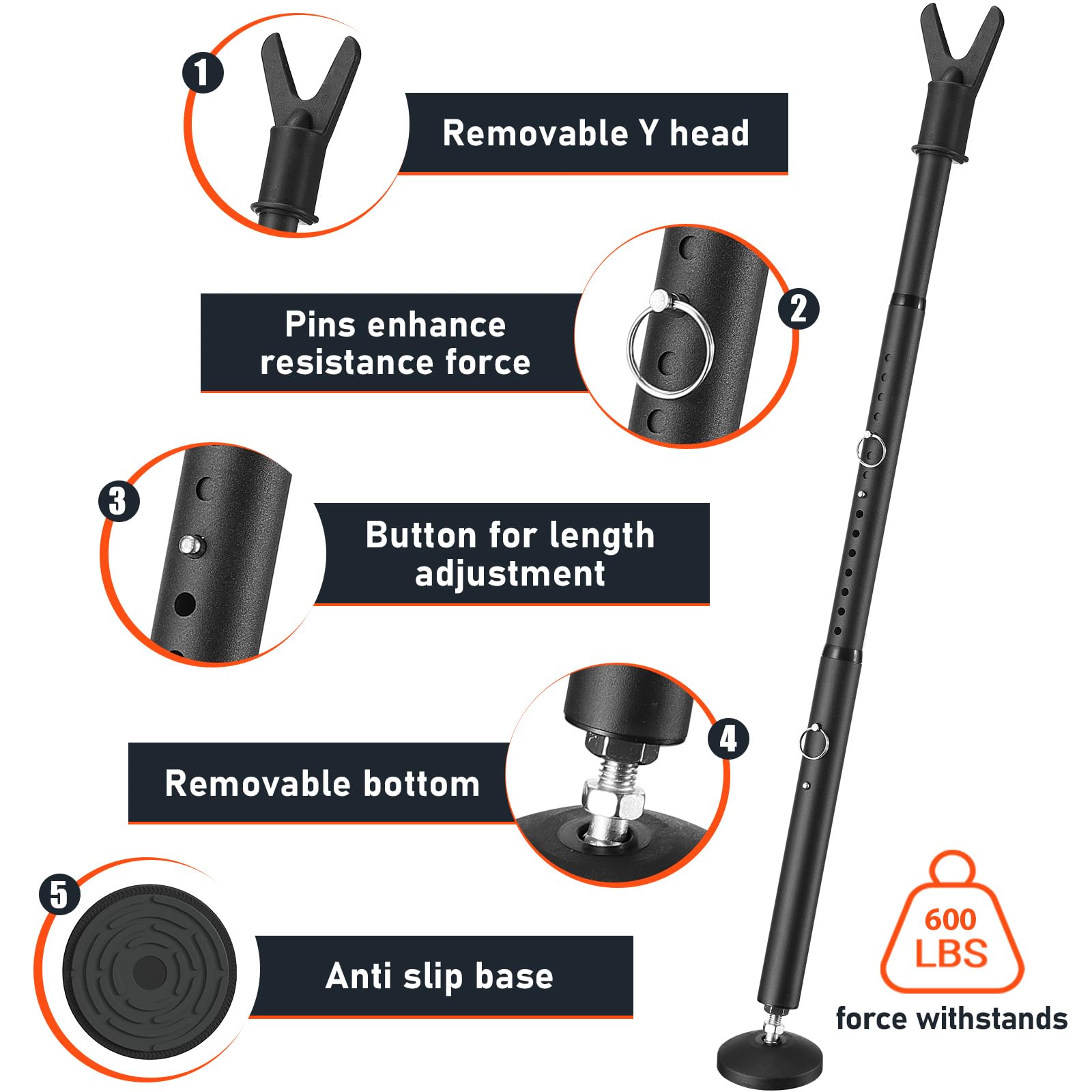 Door Security Bar, 1 1/8 inch Heavy Duty Security Bars, 35-41.7" Adjustbale Door Saftey Bar - Portbale Security Door Barricade Bar Inside (1 pc, Black) (Frosted Black)
