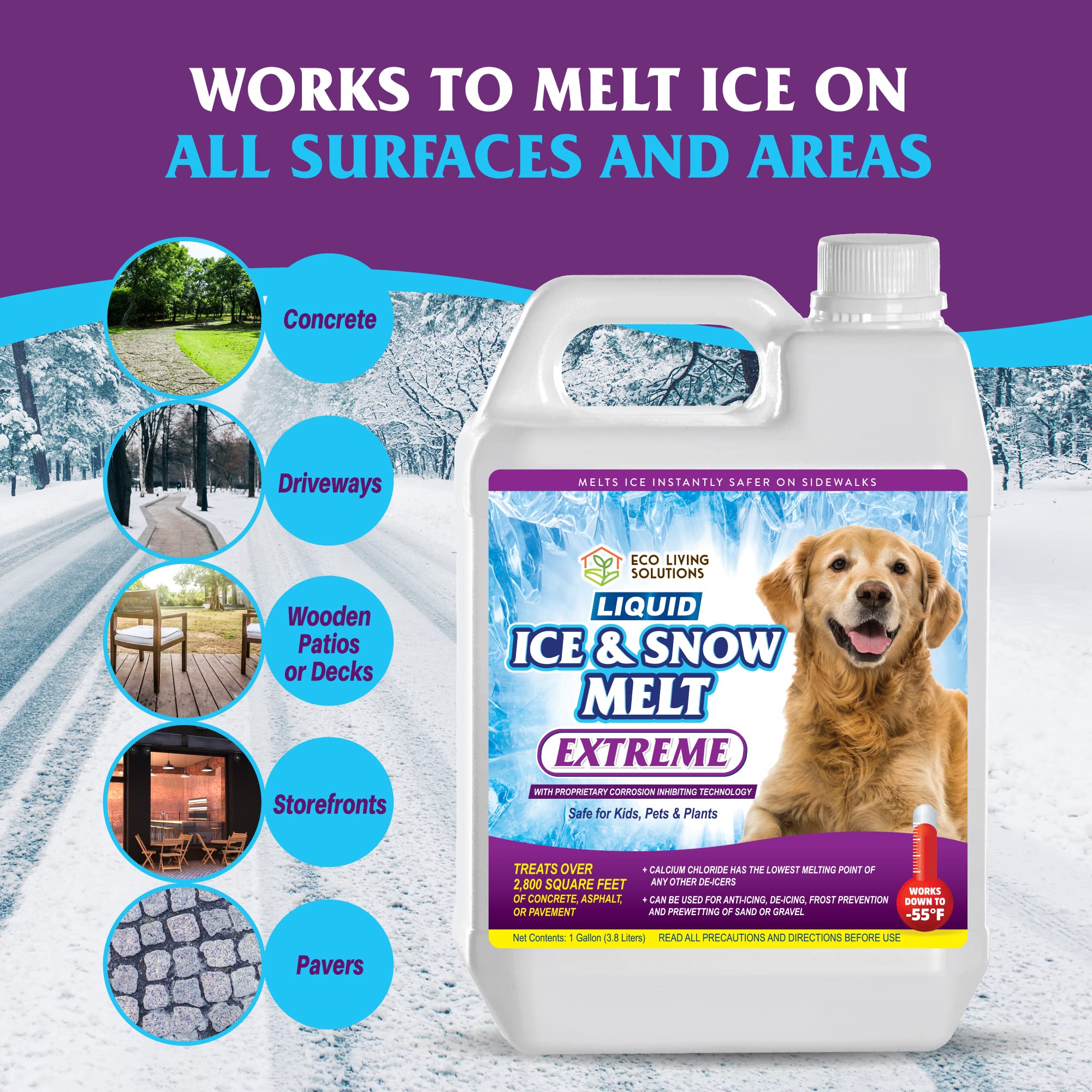 Liquid Ice & Snow Melt Extreme | Eco Living Solutions - Liquid Ice Melt & Liquid Deicer | Pet Safe Ice Melt | Ice Melt Safe for Concrete | Liquid Calcium Chloride Ice & Snow Melt (1 Gallon)