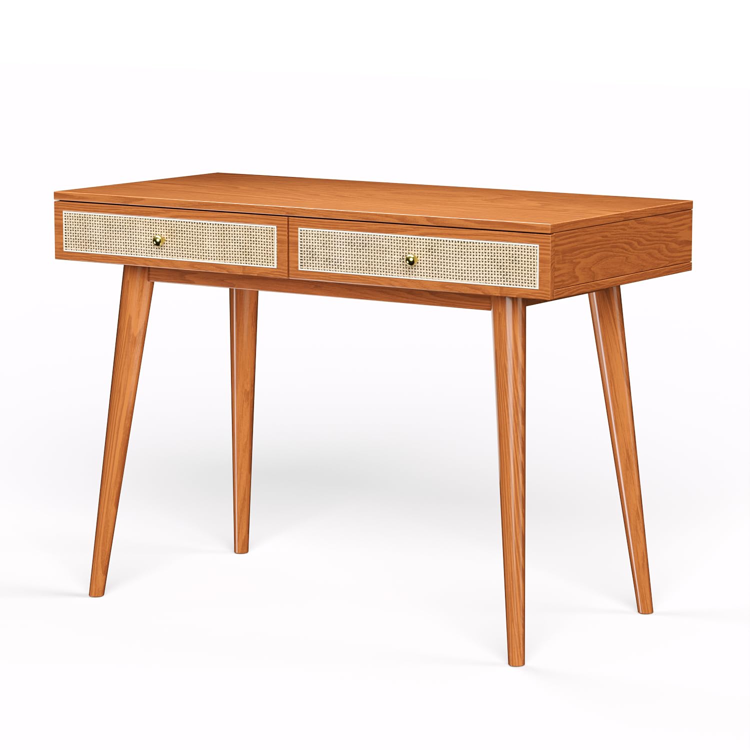 Longcoam Design Mid-Century Modern Solid Wood Desk with Drawers β 45 inch Small Boho Rattan Writing Desk for Home Office, Minimalist Design Natural Wood Legs Table for Workspace Elegance