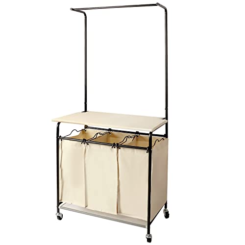 MYOYAY 3 Section Laundry Sorter with Garment Hanging Bar Rack Foldable Ironing Board, Laundry Basket Organizer Heavy Duty Laundry Hamper Rolling Cart with Lockable Wheels and 3 Removable Bags
