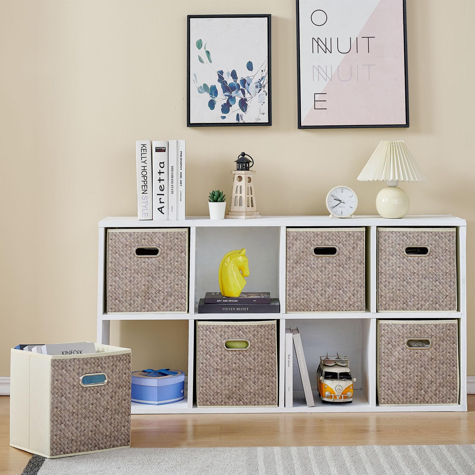SHACO 6 Pack Beige Woven Pattern Foldable Storage Cubes Bins,10.5"x10.5" Fabric Storage Bins with Double Metal Handles,Set of 6 Closet Organizers for Shelves Cabinet Bookcase
