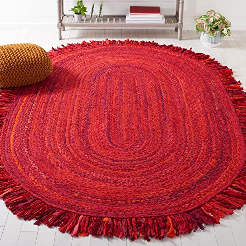 Safavieh Braided Collection Area Rug - 4' x 6' Oval, Red, Handmade Boho Fringe Reversible Cotton, Ideal for High Traffic Areas in Living Room, Bedroom (BRD451P)