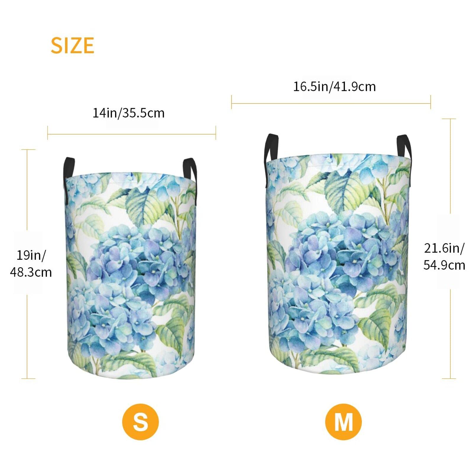 Large Folding Laundry Basket Hydrangea Blue Flowers Round Collapsible Laundry Storage Hamper Drawstring Waterproof Oxford Laundry Storage Basket Dirty Clothes Bag 16.5x21.5inch